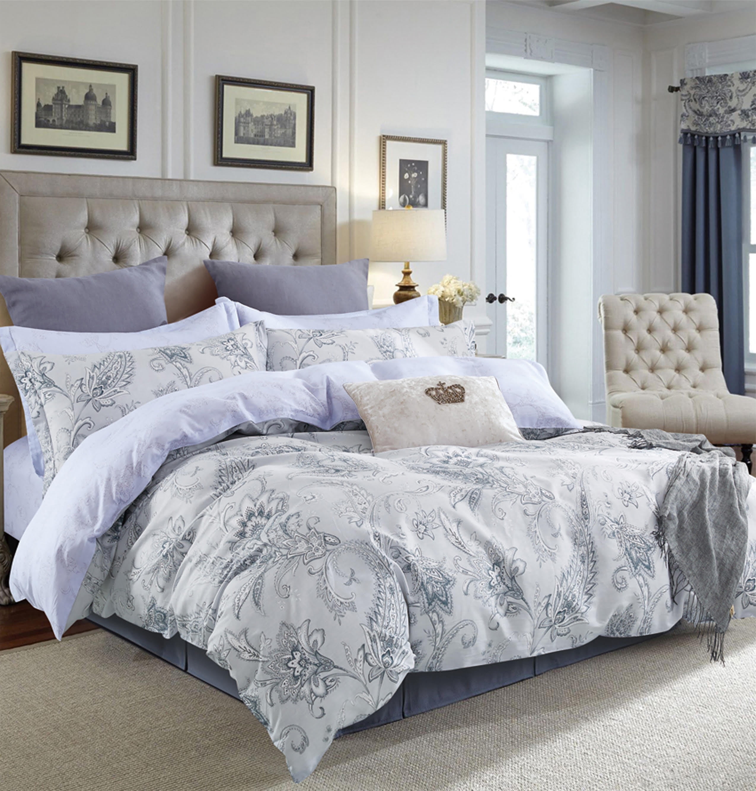 Swanson Beddings Gray Paisley Floral Print 3-Piece 100% Cotton Duvet ...