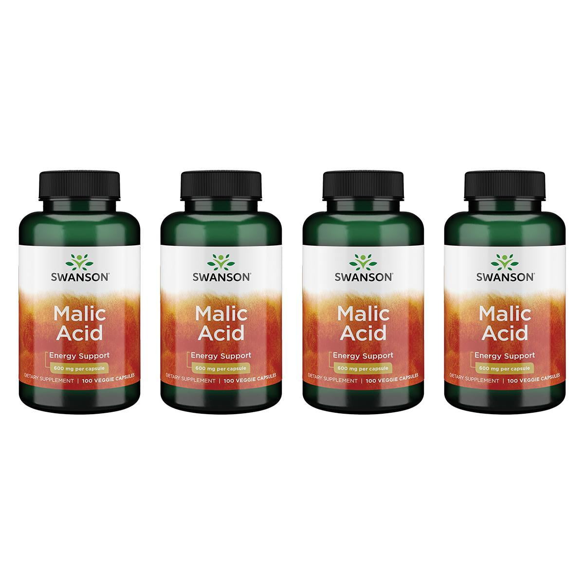 Swanson Malic Acid Capsules, 600 mg, 100 Veg Caps, 4 Pack, Energy ...