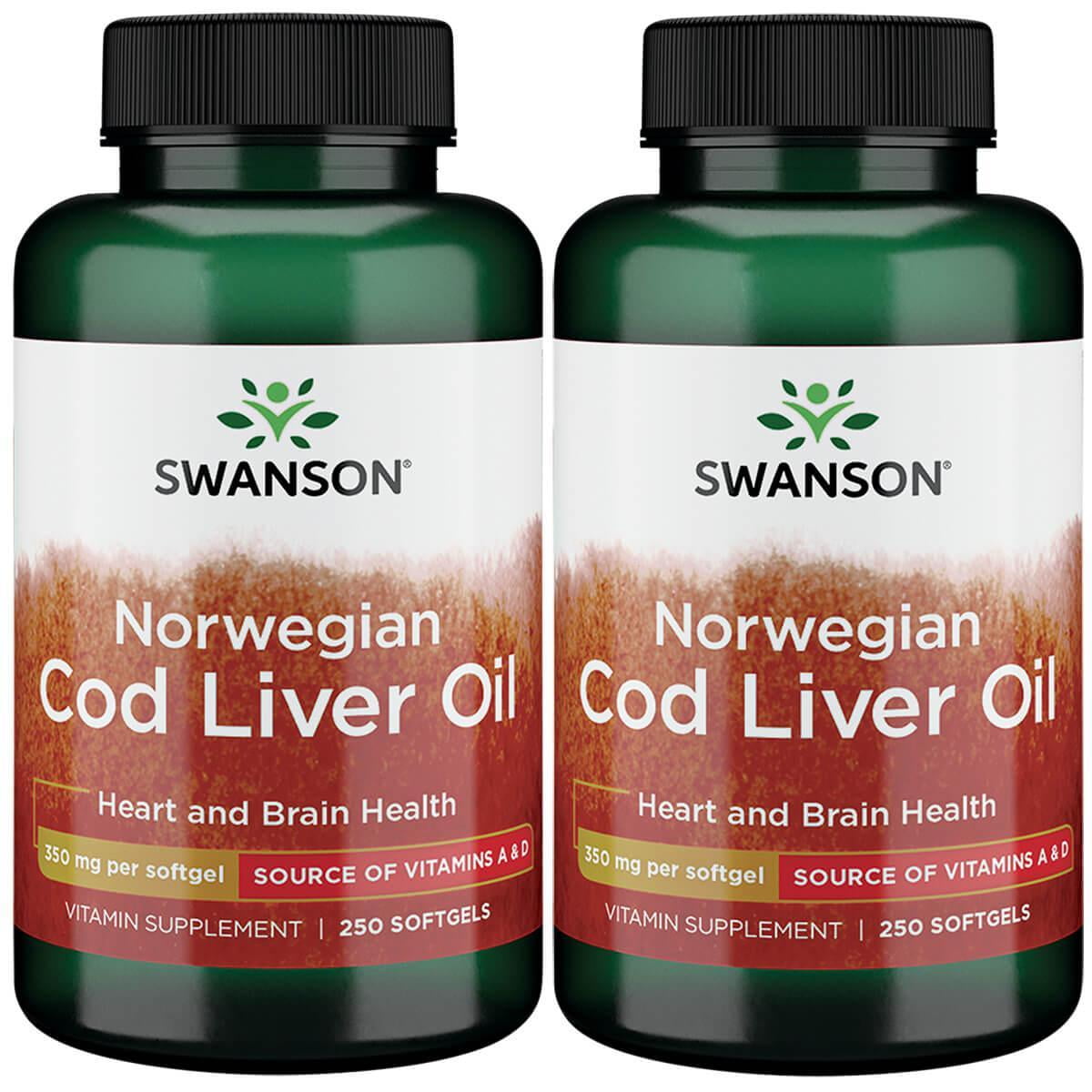 Swanson Wild-Caught Norwegian Cod Liver Oil 350mg Pills, 250 Sgels, 2 ...