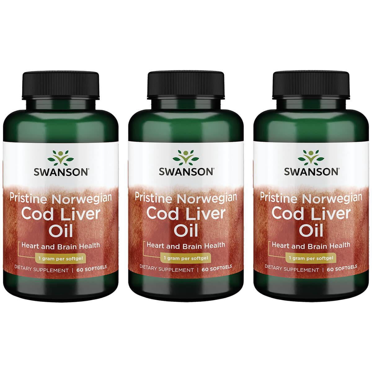Swanson Pristine Wild Caught Norwegian Cod Liver Oil 1g 60 Sgels 3 Pack ...
