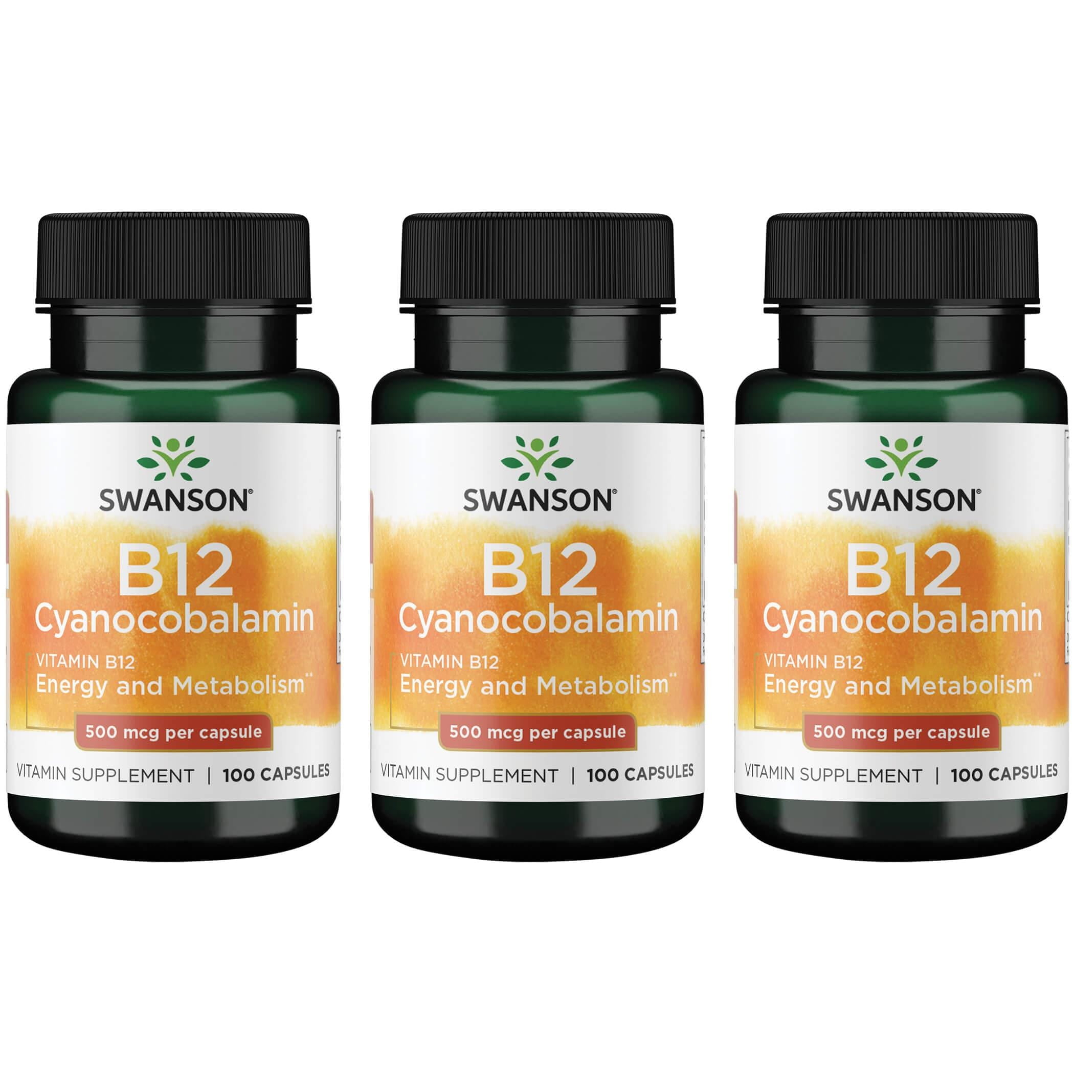 Swanson Vitamin B12 Cyanocobalamin 500 mcg 100 Caps 3 Pack - Walmart.com