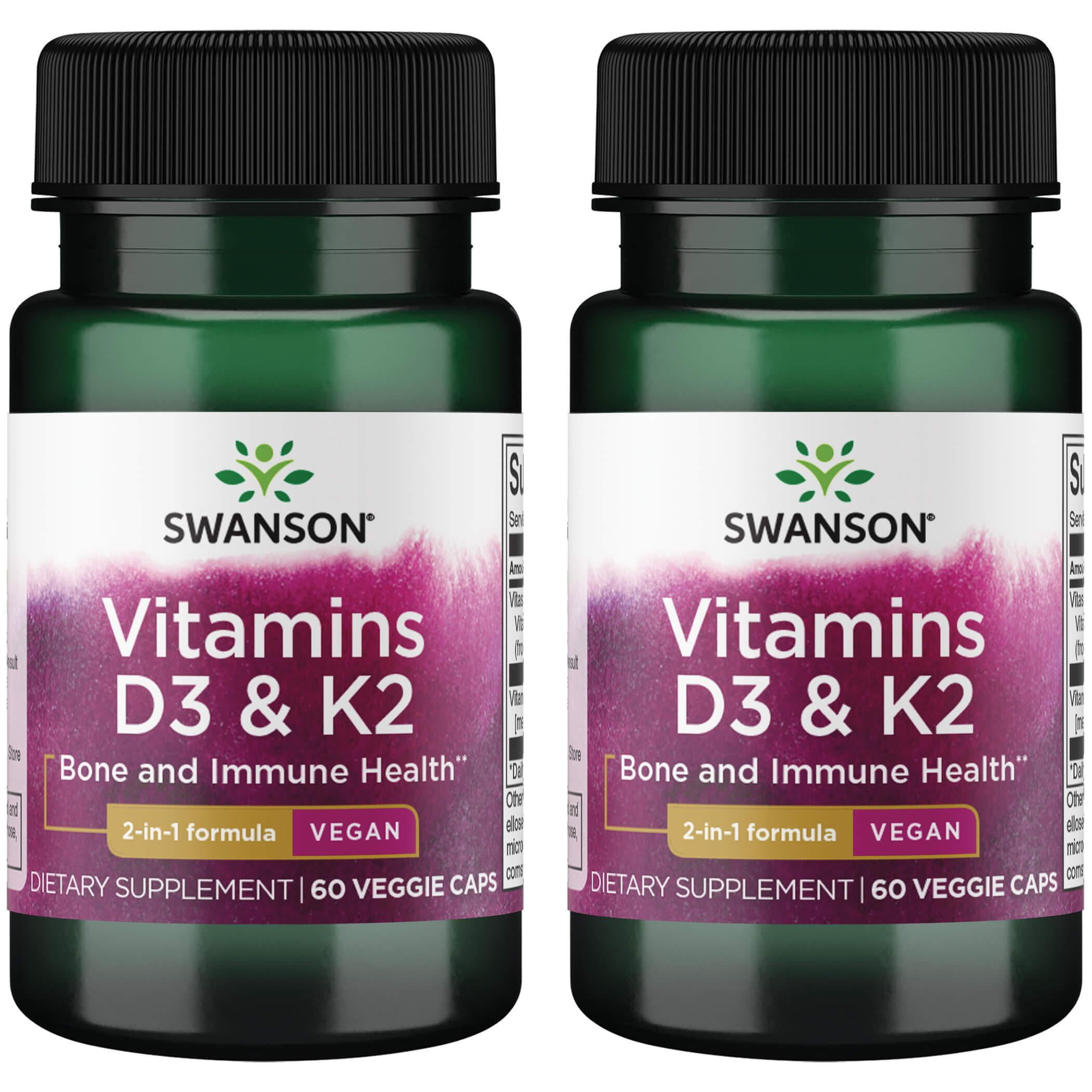 Swanson Vegan D3 & K2 Vitamins - Bone & Heart Health Supplement, 2,000 IU, 60 Veg Caps, 2 Pack ...