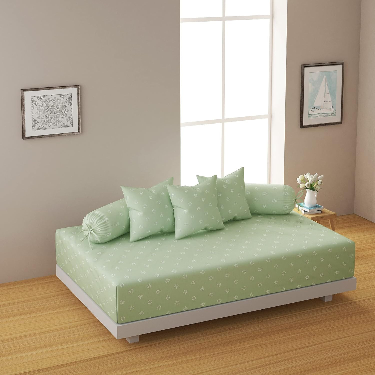 Swayam Zinnia Collection Diwan Set 250TC Cotton Satin Light Olive Green ...