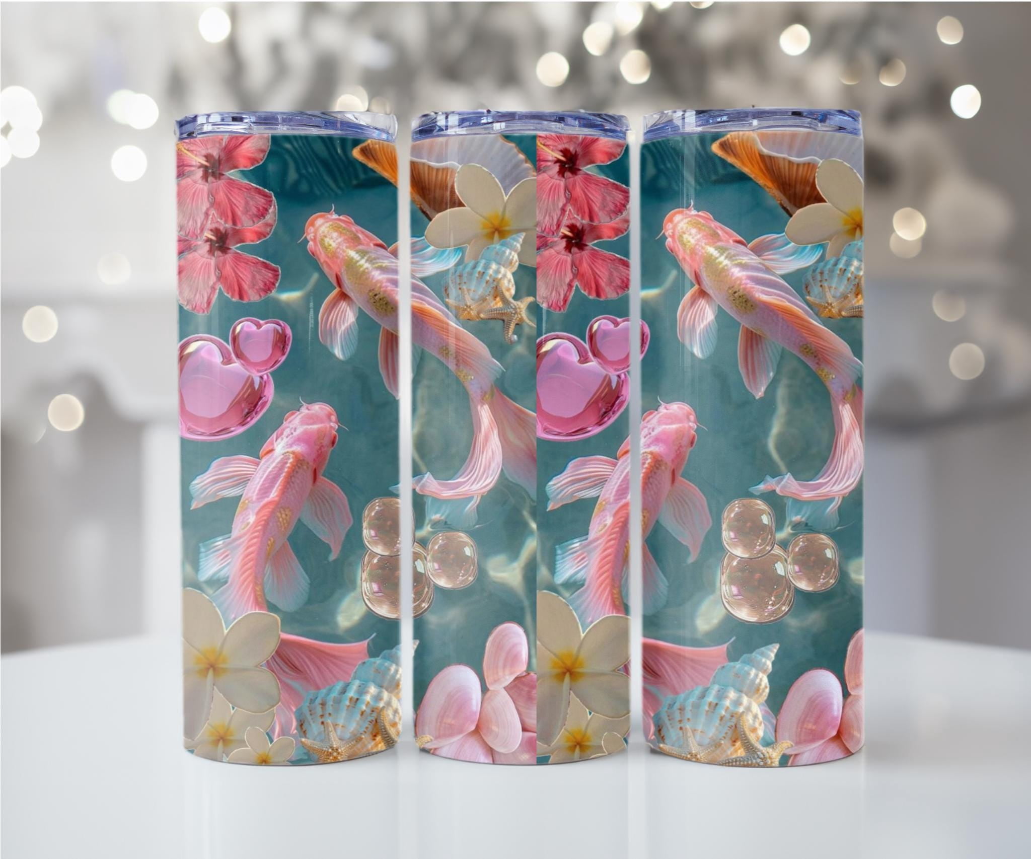 Swaybox Pink Koi Fish Tumbler, Floral Seashell Design, Pastel Beach ...