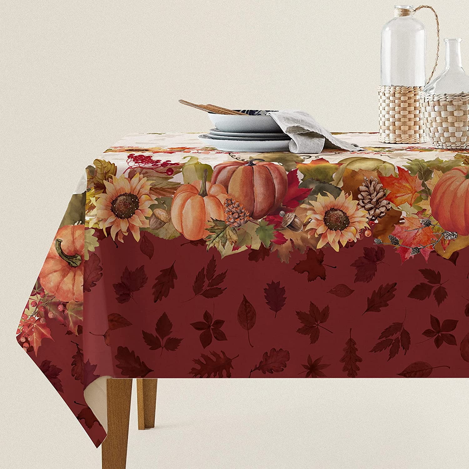 Thanksgiving Tablecloth, Swaying Maple Leaves & Watercolor Pumpkins, 60 ...