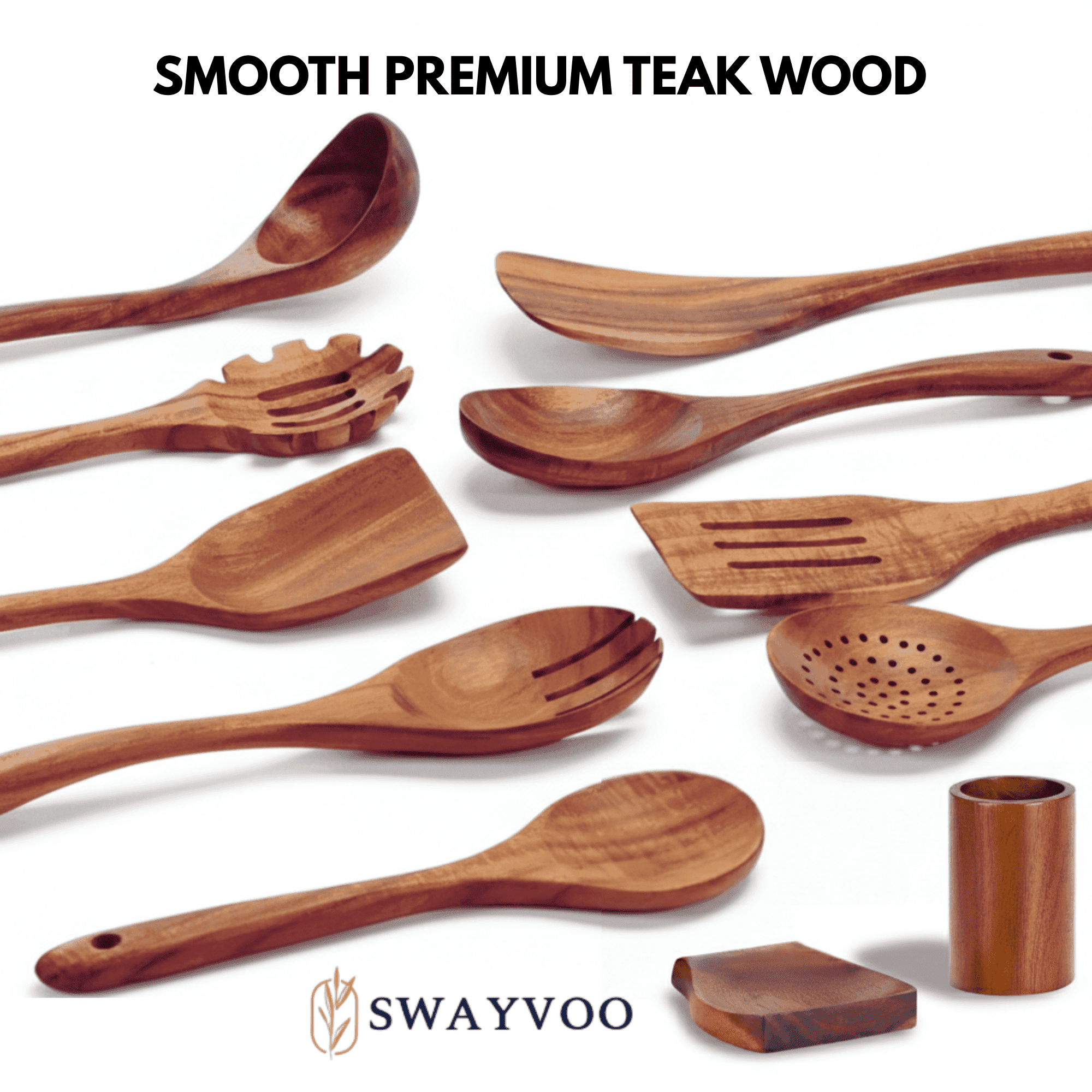 Swayvoo 11-Piece Teak Wood Cooking Utensil Set with Holder Spoon Rest ...