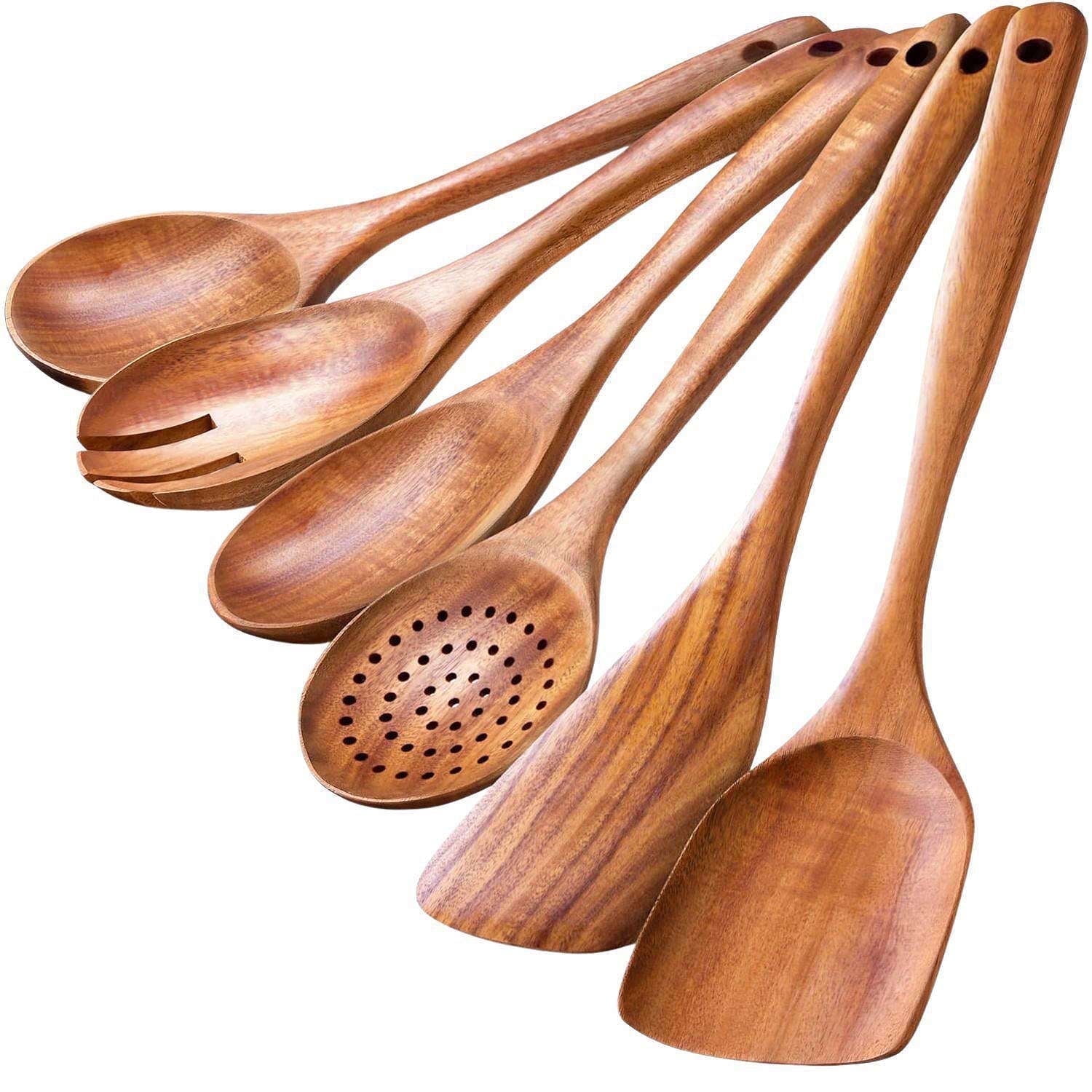 Wooden Spoons for Cooking, 6 PCS Teak Wood Cooking Utensil Set, Wooden ...