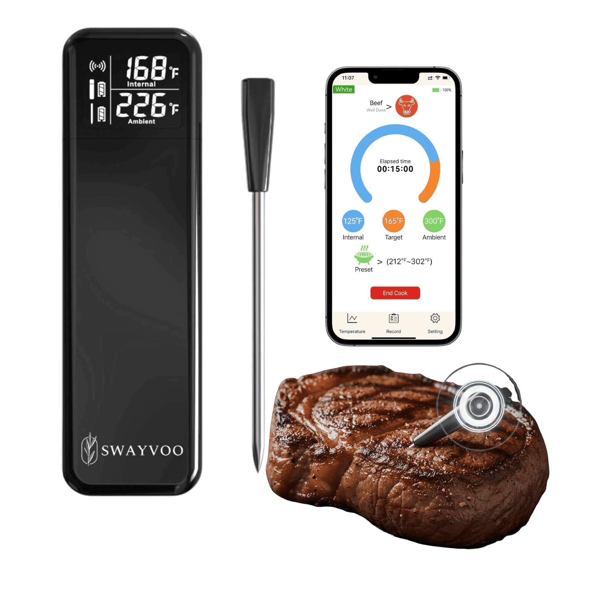 Swayvoo Bluetooth Wireless BBQ Meat Thermometer with Real-Time ...