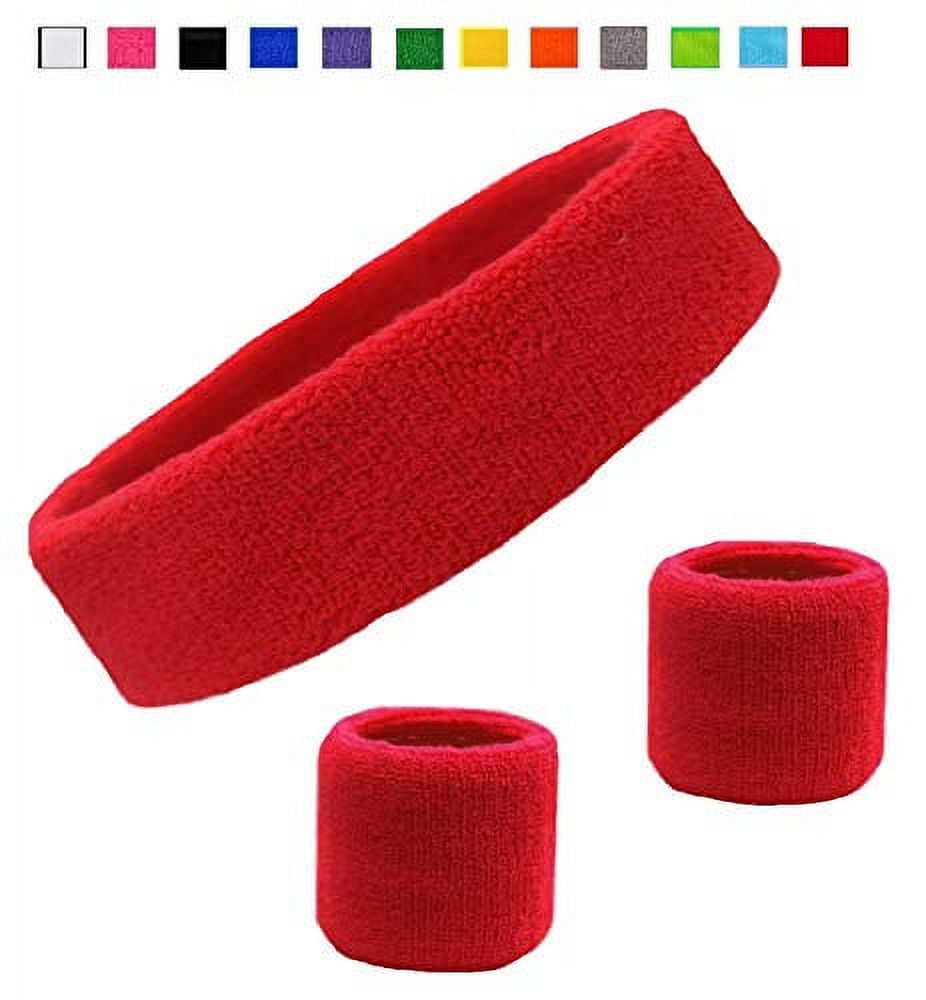 Sweatband Set 1 Terry Cotton Headband and 2 Wristbands Pack Red ...