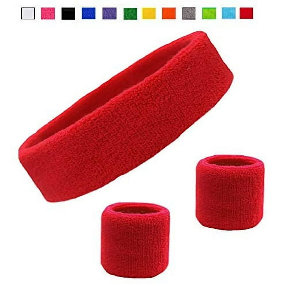 Sweatband Set 1 Terry Cotton Headband and 2 Wristbands Pack Red ...