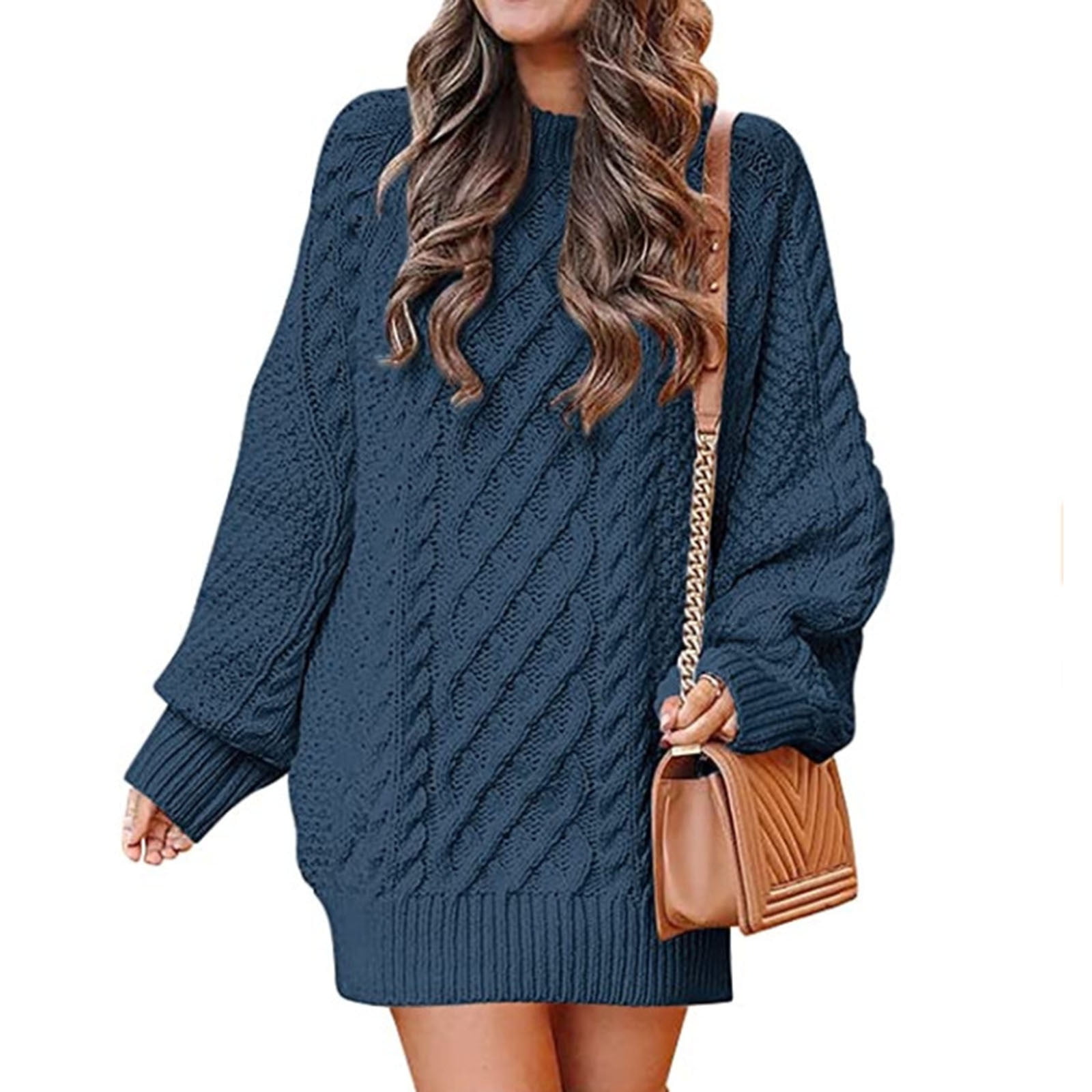 Sweater Dress for Women Chunky Knitted Sweater Dress Round Neck Long ...