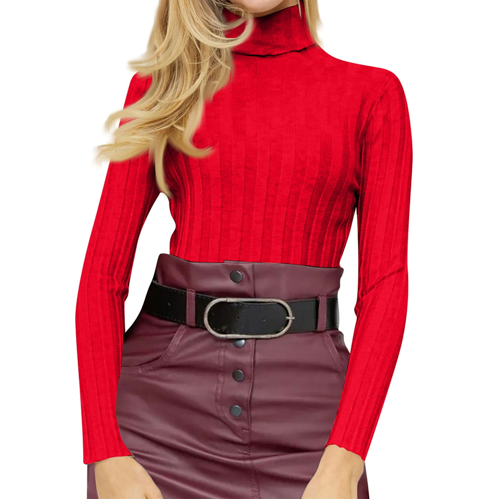 Sweater Tops for Women Women's Long Sleeve Ribbed Turtleneck Sweater ...