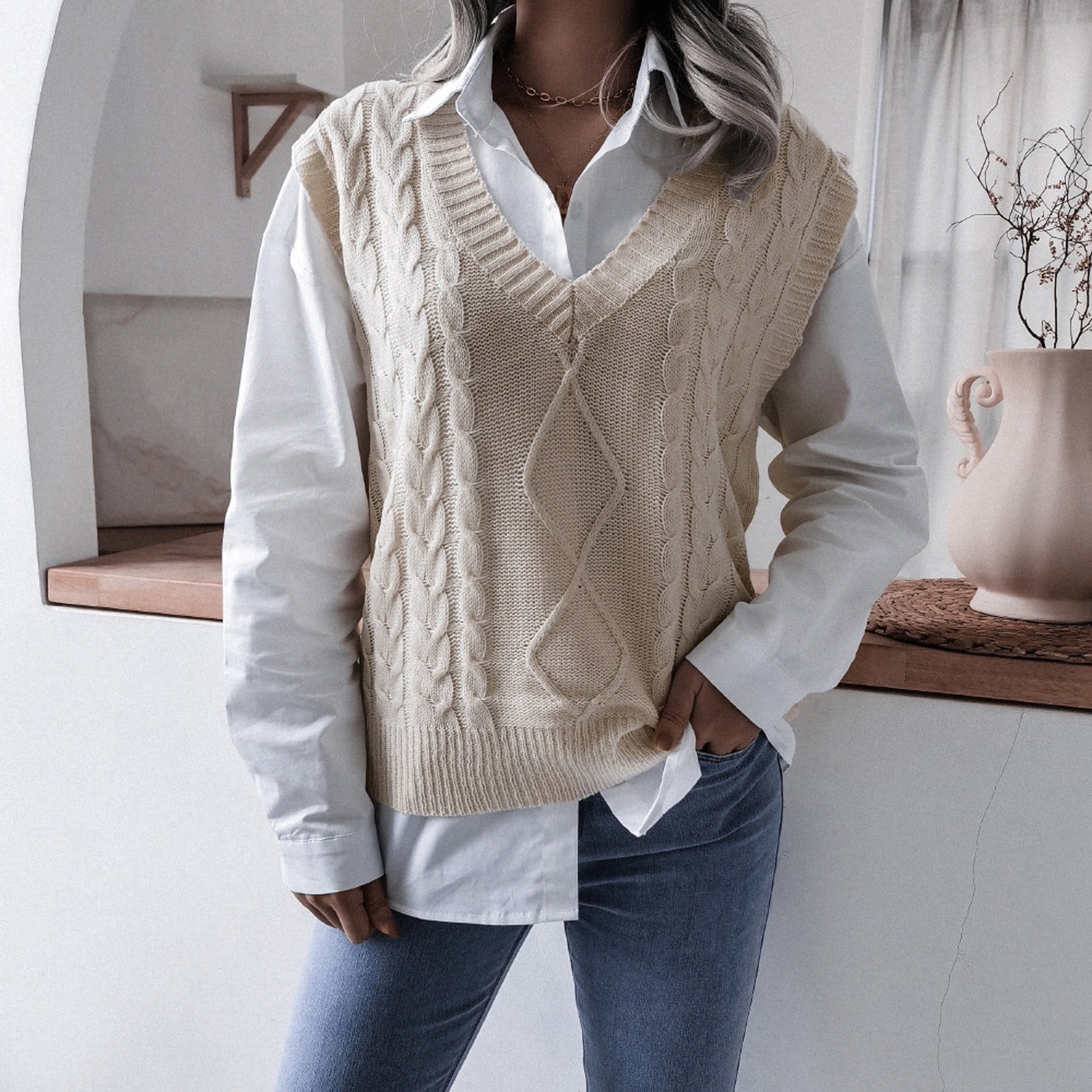 Sweater Vest Women s V neck Long Sleeve Loose Chunky Knitted Pullover Sweater Jumper Tops Sweaters For Women Fall Beige