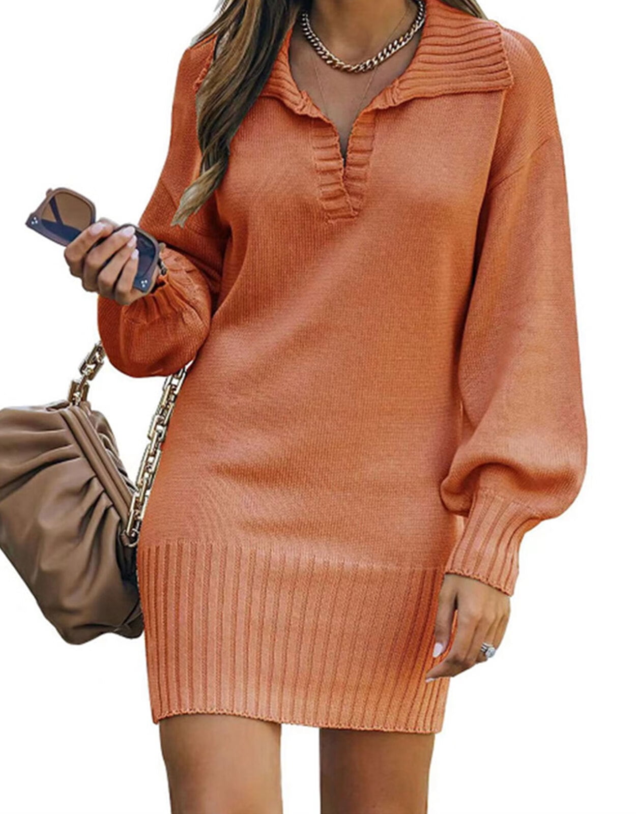 Sweater For Women Casual Lapel Lantern Sleeve Sweater Dress Solid Color