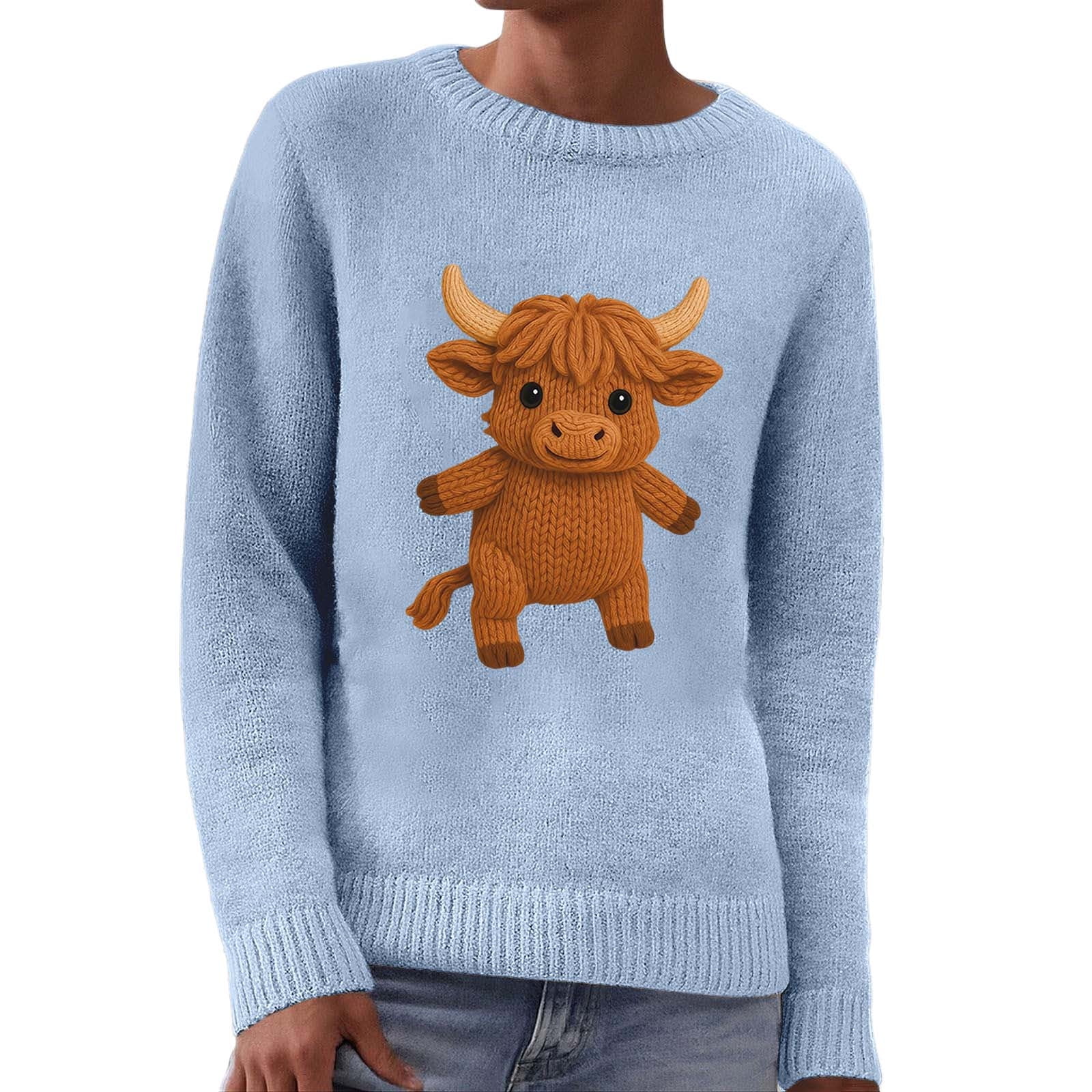 Sweater for Women Knit Cute Cartoon Cow Graphic Long Sleeve Crew Neck ...
