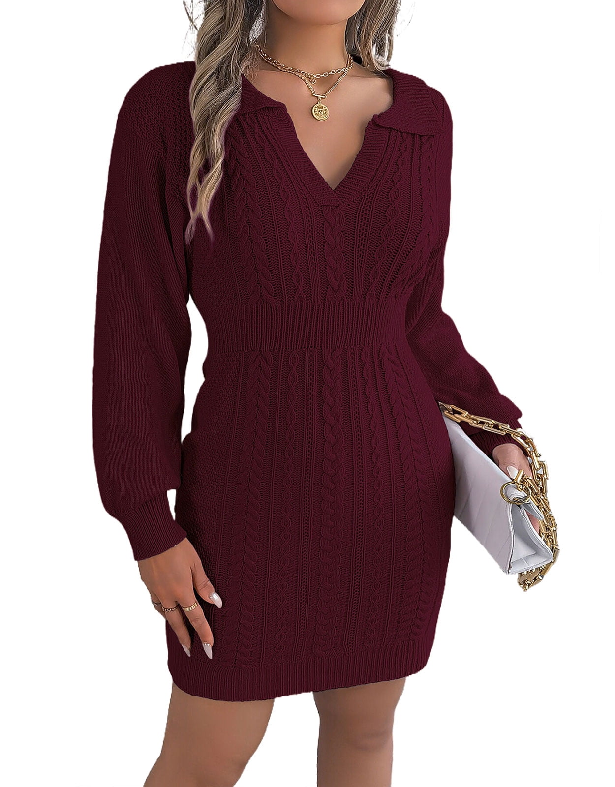 Sweater for Women Lantern Sleeve Sweater Dress Casual Pullover Cable ...