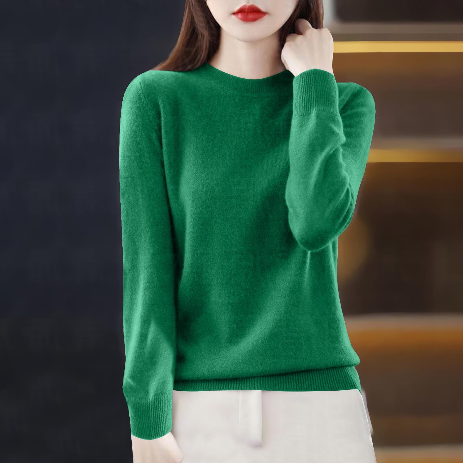 Sweater for Women Long Sleeved Knitted Base Round-Neck Sweater Green ...