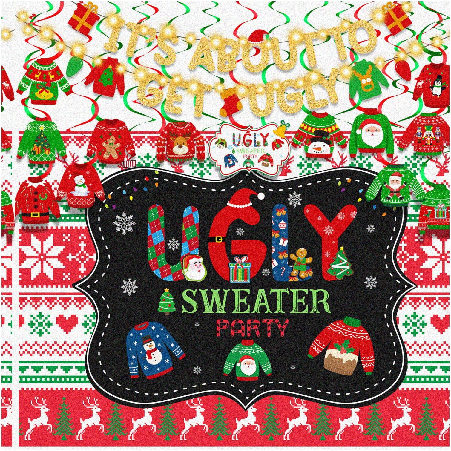 Sweaterific Party Pack - 42 Pcs of Hanging Swirls, Backdrop, LED String ...