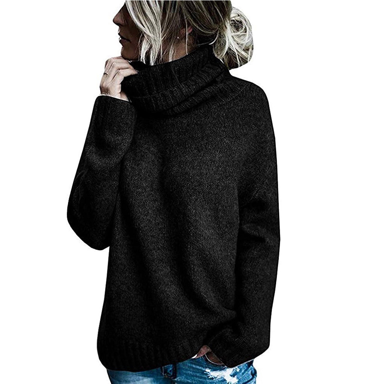 Sweaters For Women Cowl Neck Long Sleeve Knit Loose Sweater Solid Color ...