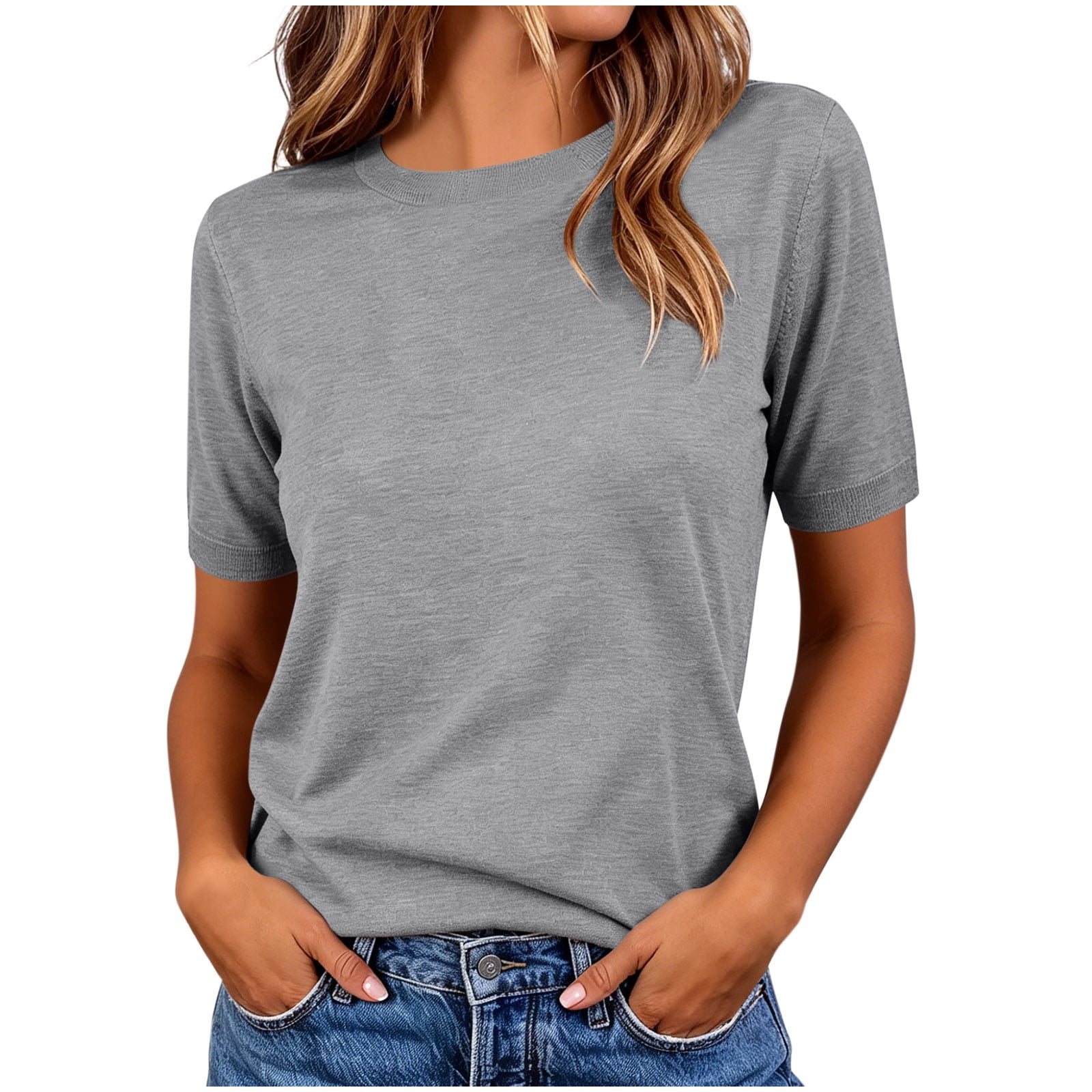 Sweaters For Women Summer Crew Neck Short Sleeve Trendy Solid Resort ...