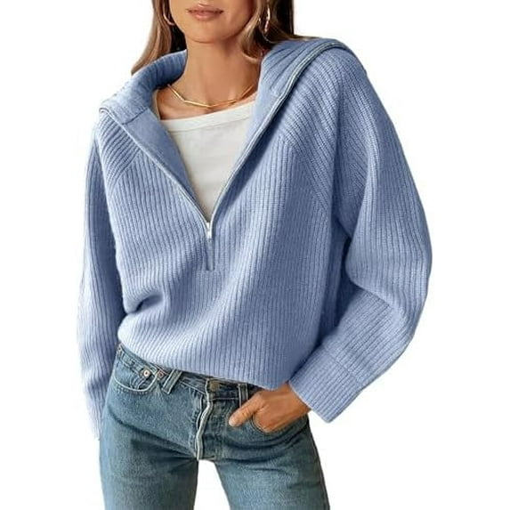 Sweaters Quarter Zip Pullover V Neck Collar Ribbed Knit Sweater ...