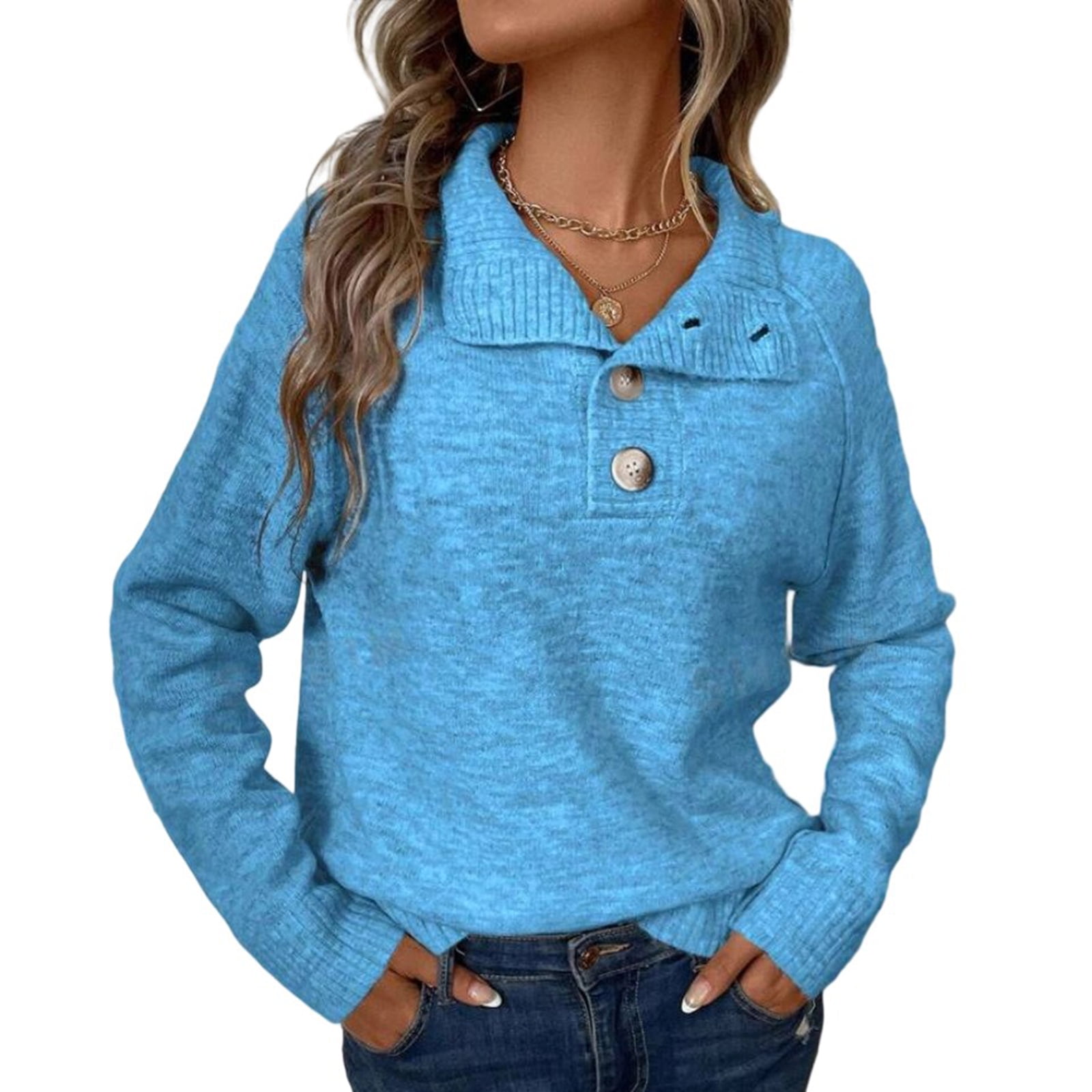 Sweaters for Women Casual Button Down Collared Knit Pullover Solid ...