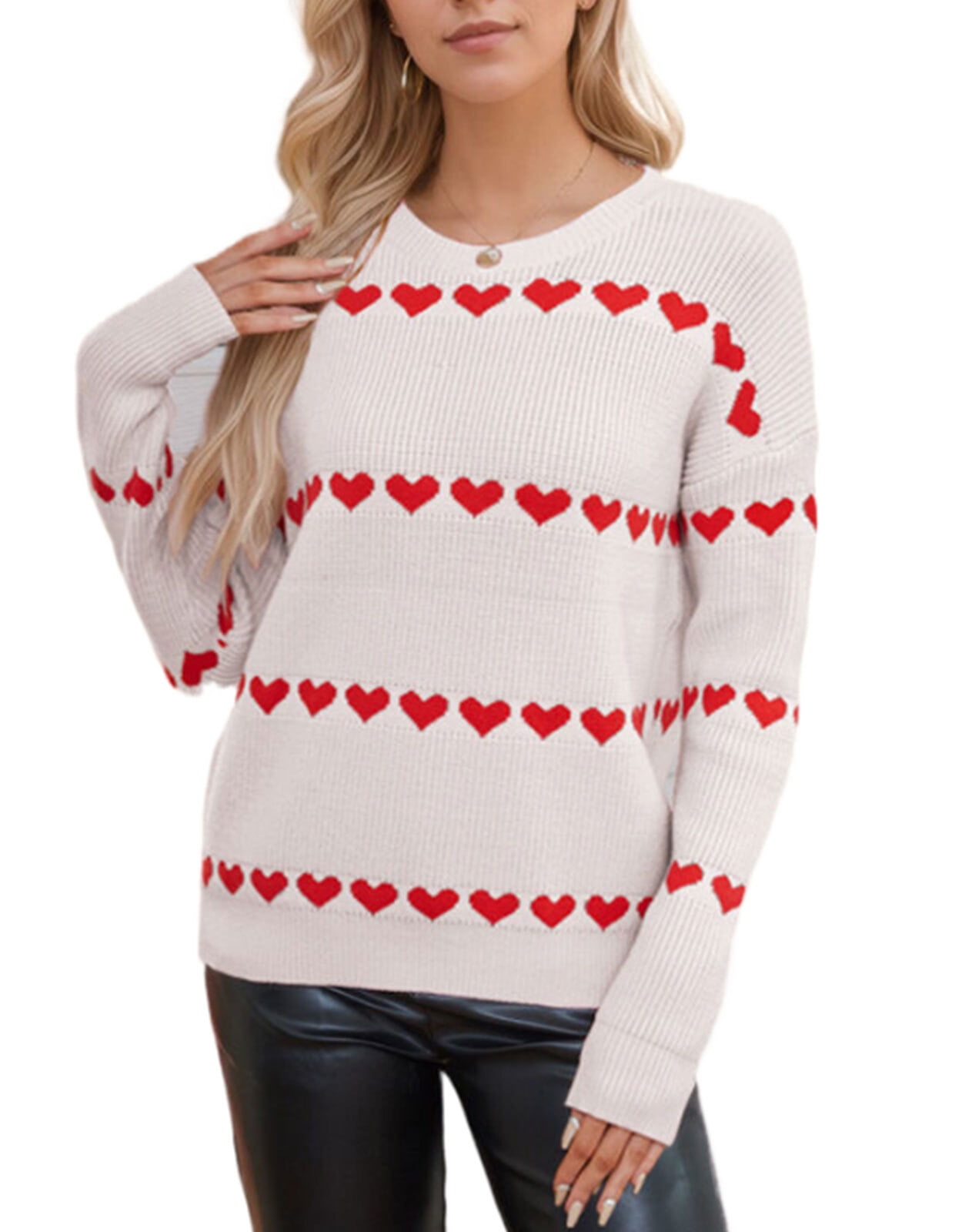 Sweaters for Women Heart Print Striped Color Block Crewneck Sweaters ...