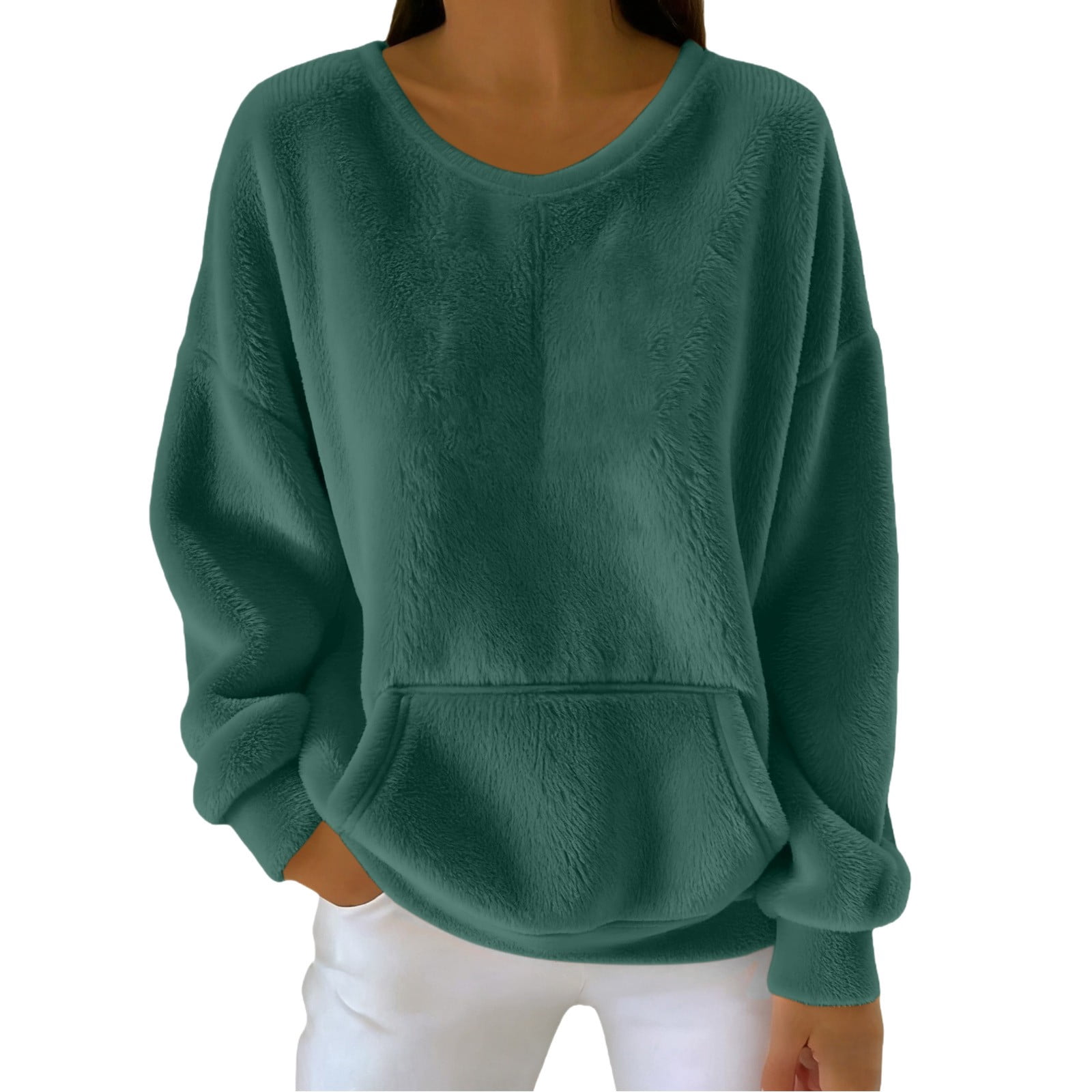 Sweaters For Women Hoodless Sweatshirt Double Fuzzy Fleece Soft Winter ...