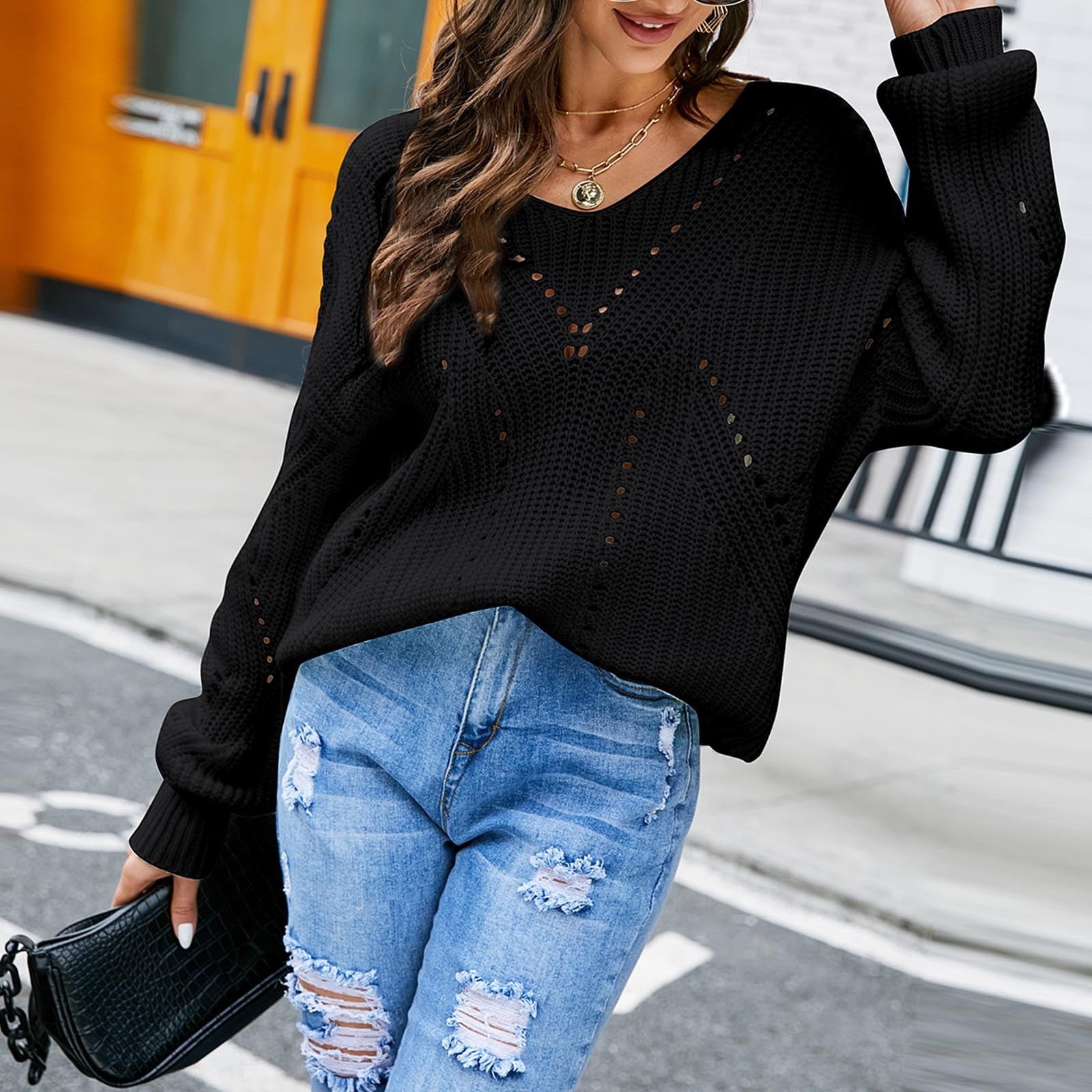 Sweaters for Women Knit V-Neck Drop Shoulder Long Sleeve Sexy Split Hem ...