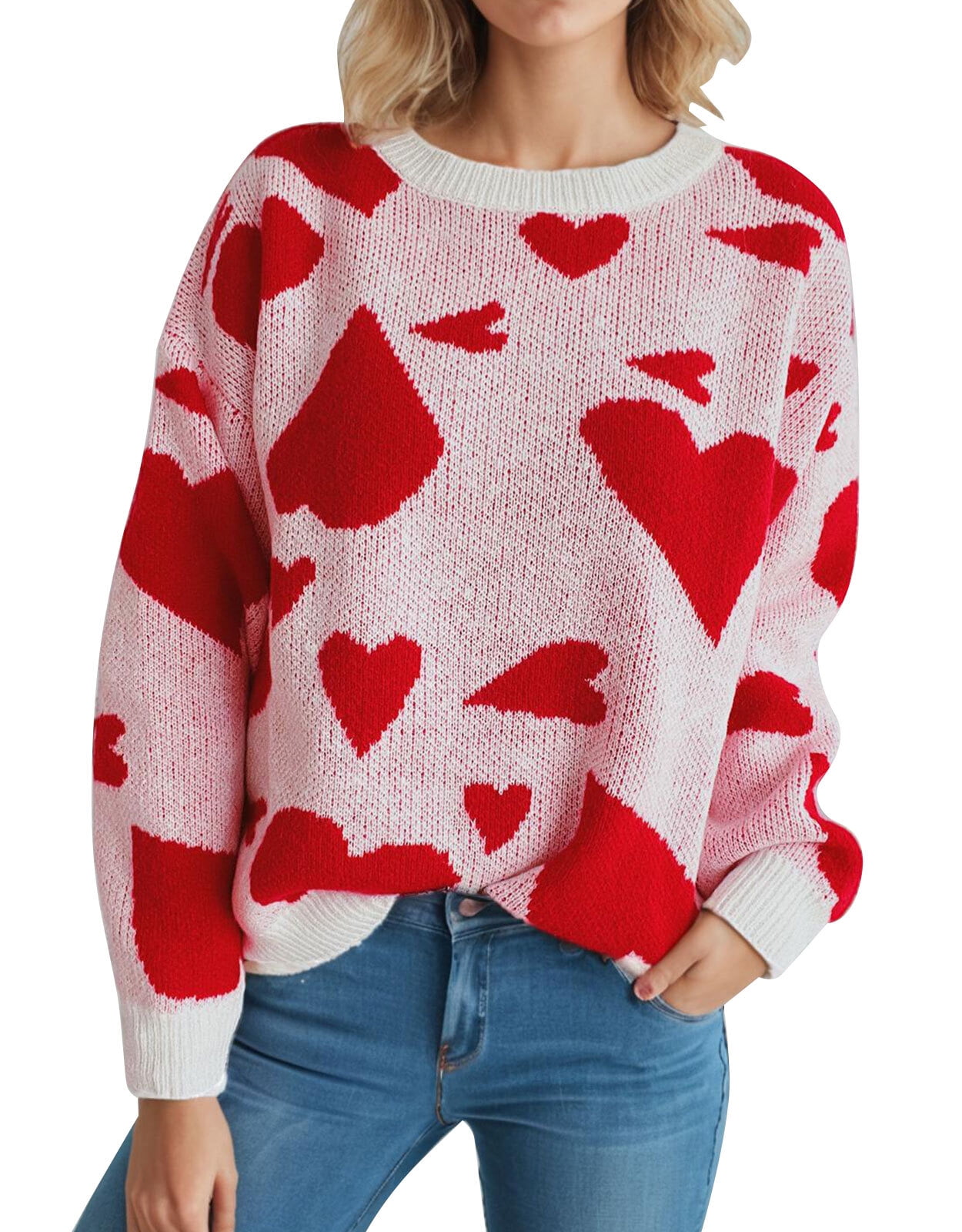 Sweaters for Women Valentine Day Heart Print Color Block Crewneck ...