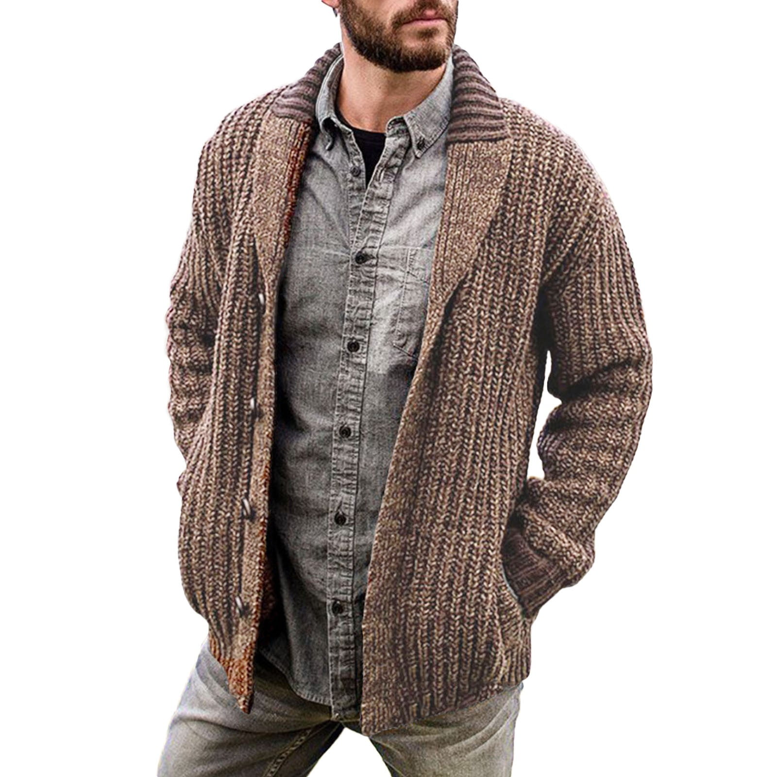 Sweaters for Men Cable Knit Cardigan Shawl Collar Loose Fit Long Sleeve ...