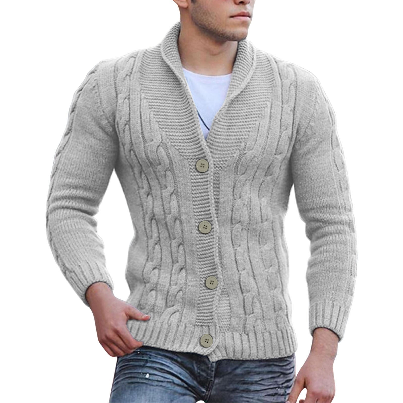 Sweaters for Men Cable Knit Cardigan Shawl Collar Loose Fit Long Sleeve ...
