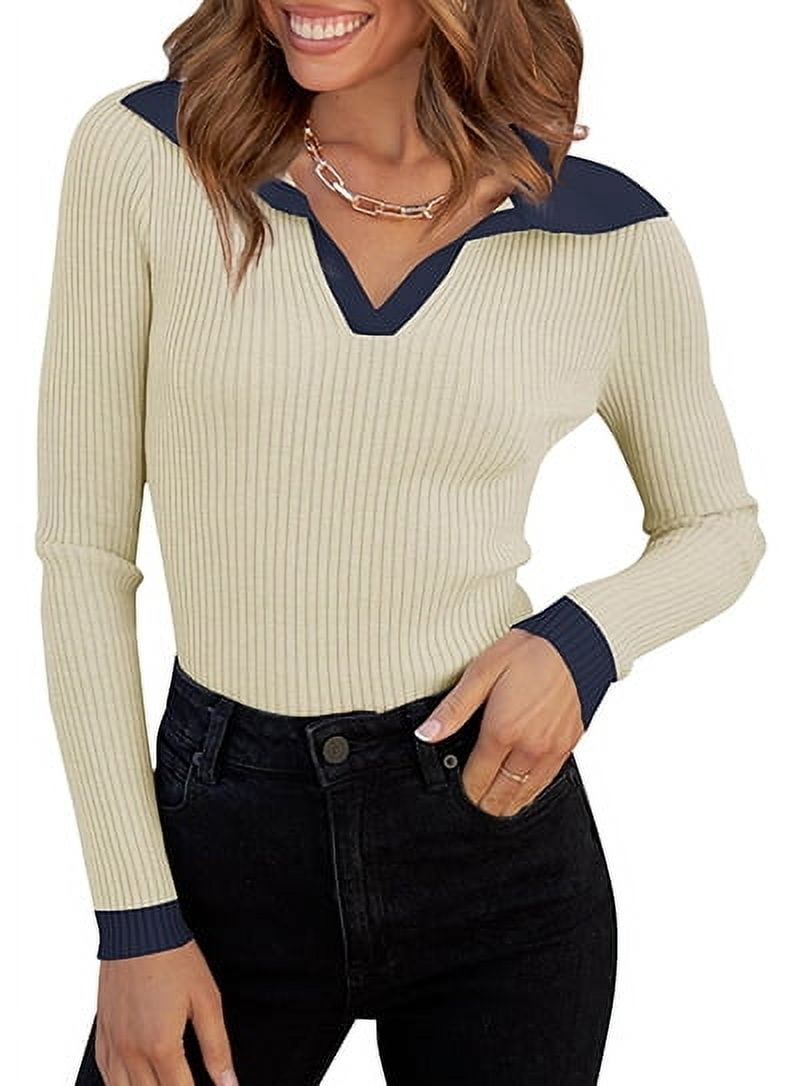 Sweaters for Women 2024 Fall Long Sleeve V Neck Ribbed Knit Pullover ...