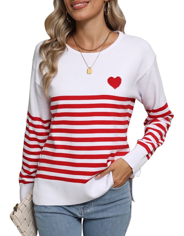 Striped Sweater for Women 2024 Fashion Crewneck Lightweight Heart ...