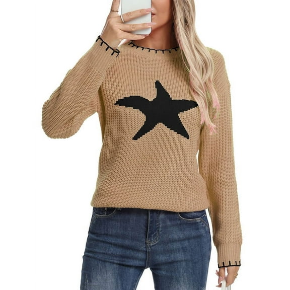 Women's Star Print Crewneck Sweater, Star Print Crewneck Sweater Soft ...