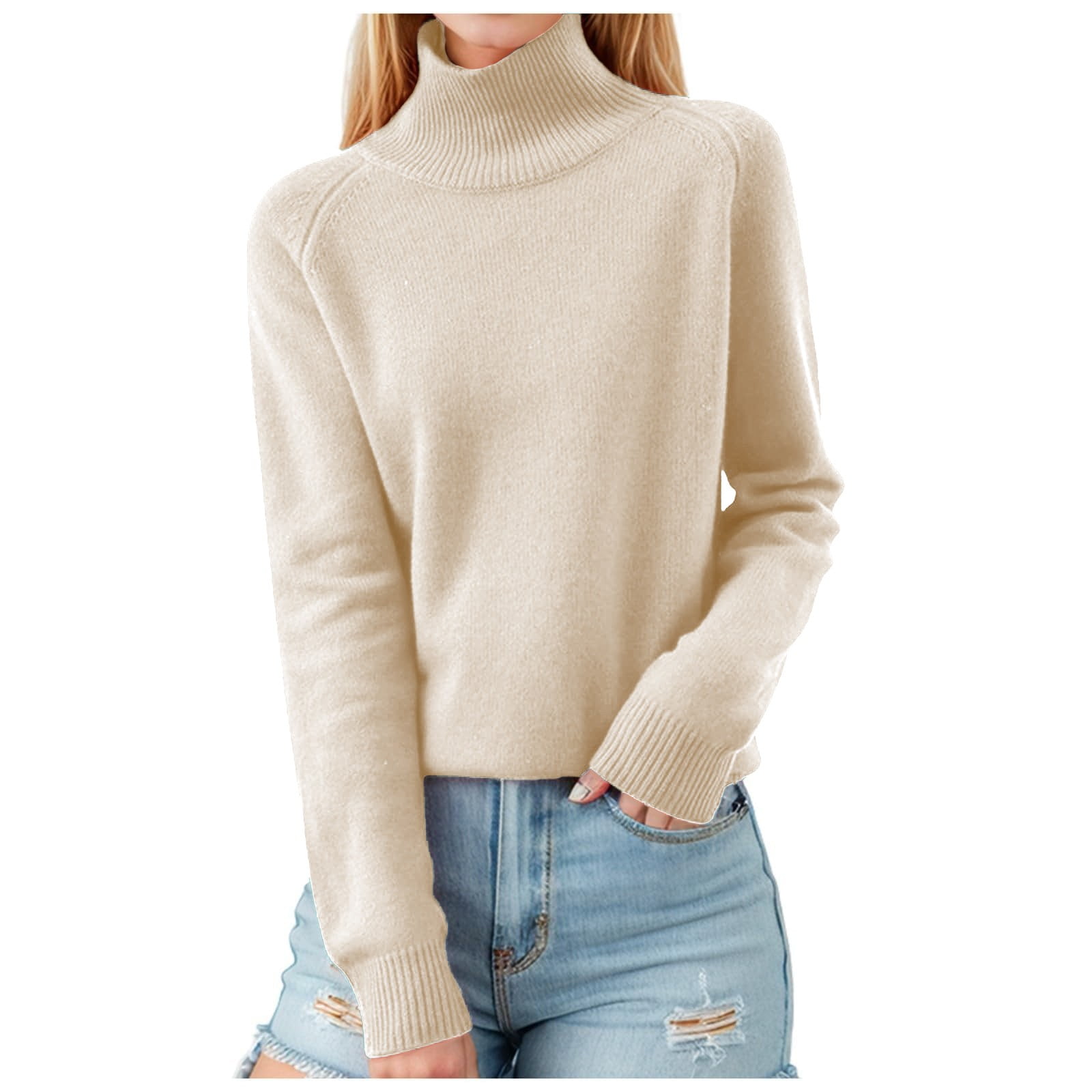 Sweaters for Women Base Layer Tops Turtleneck Pullover Sweater Beige L ...