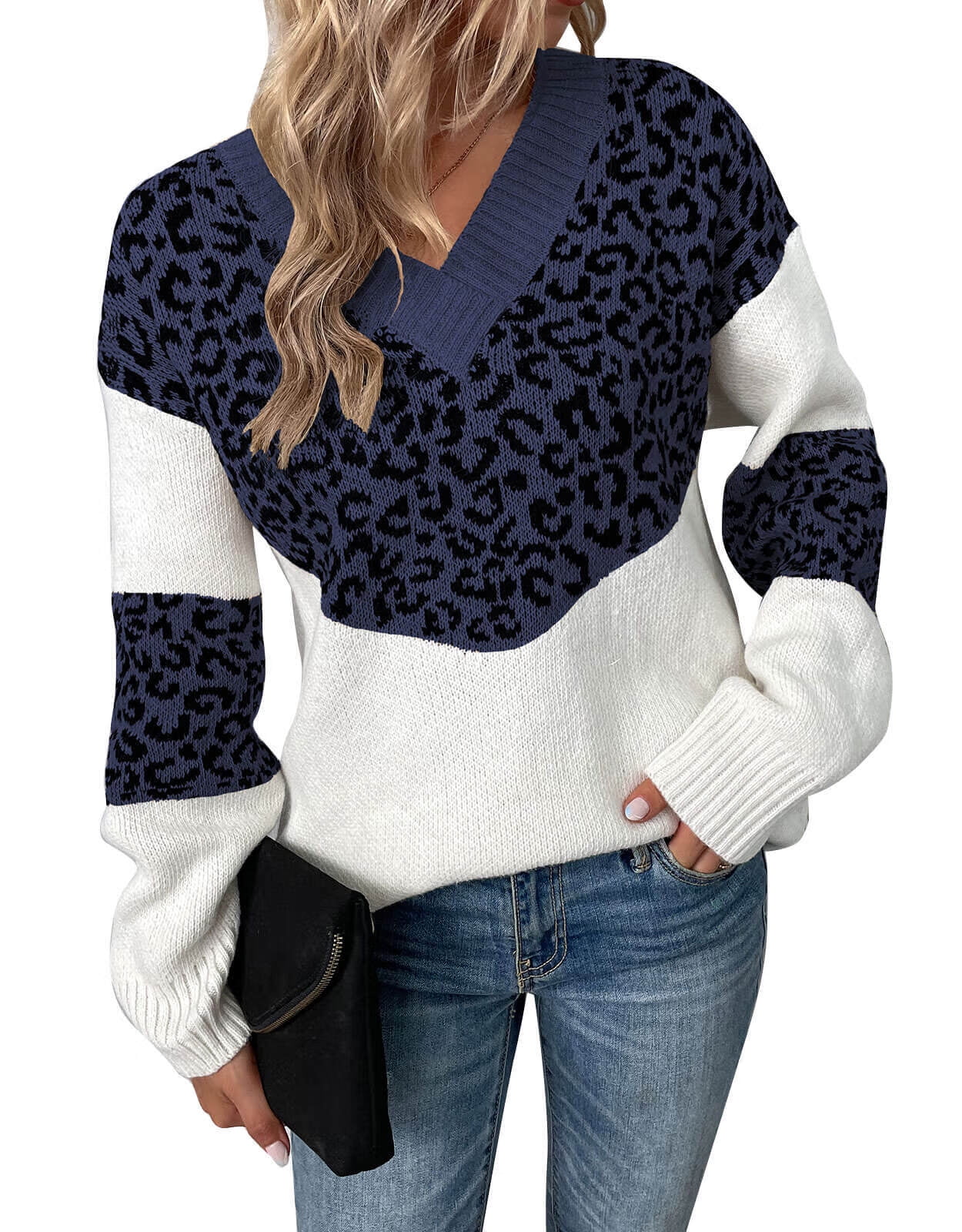Sweaters for Women Casual V Neck Color Block Leopard Print Sweater Loose Long Sleeve Patchwork ...