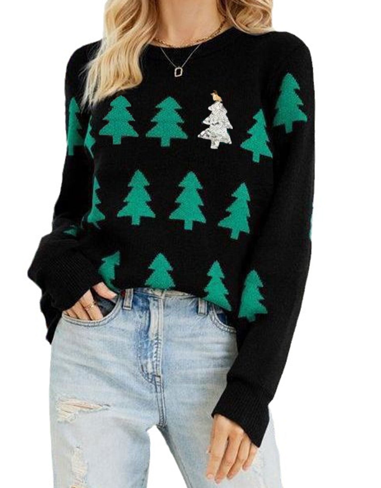 Sweaters for Women Christmas Trees Printed Pullover Sweaters Casual ...