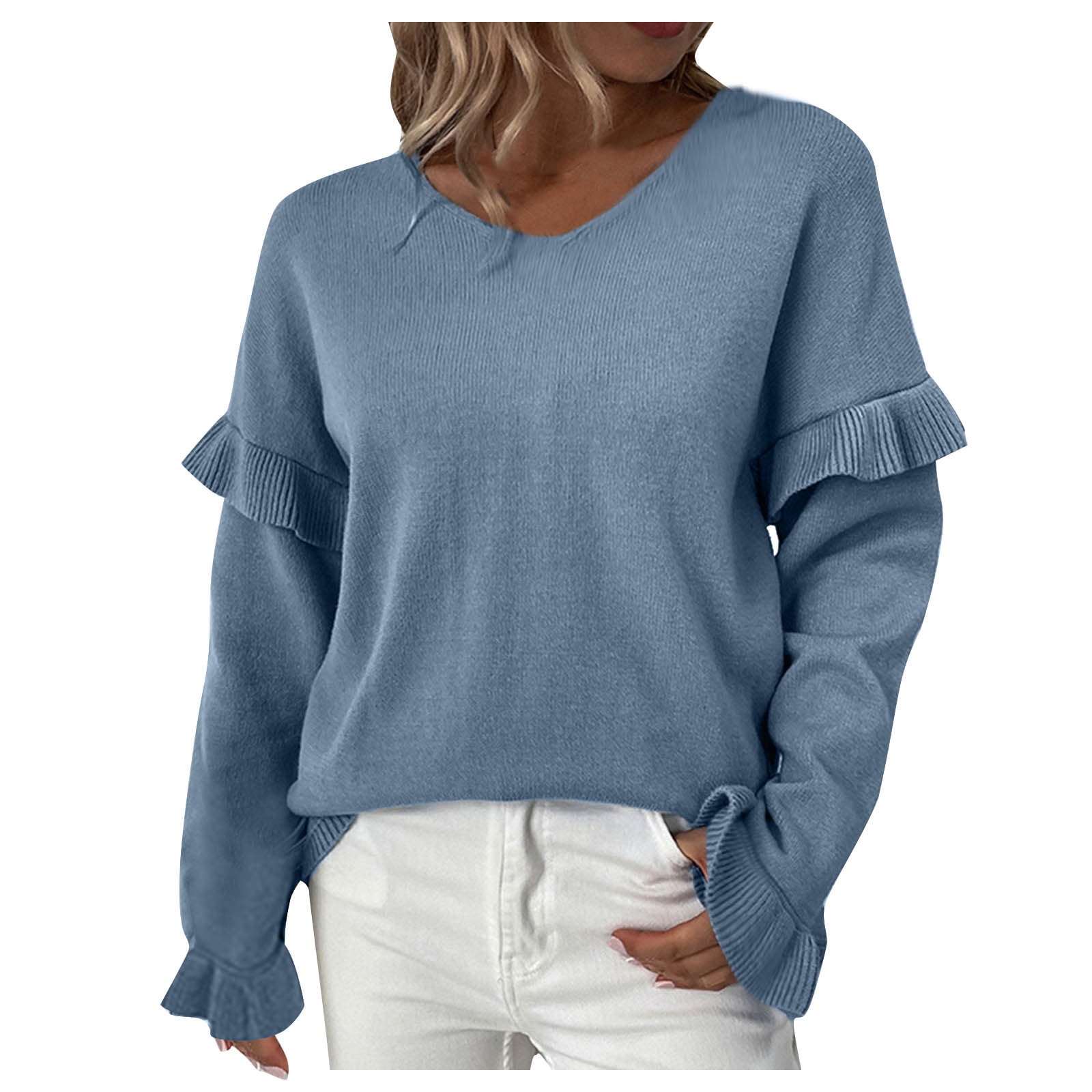 Sweaters for Women Clearance Women's Casual Long Sleeve V-Neck Solid ...