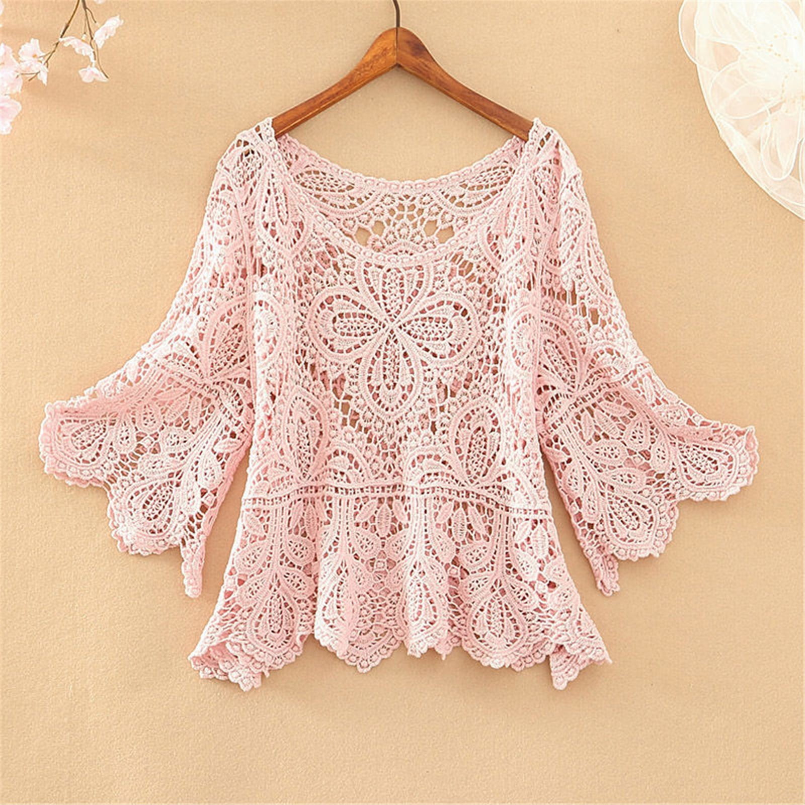 Sweaters for Women Cropped Crochet Cut Out Half Sleeve Top Smock Fall ...