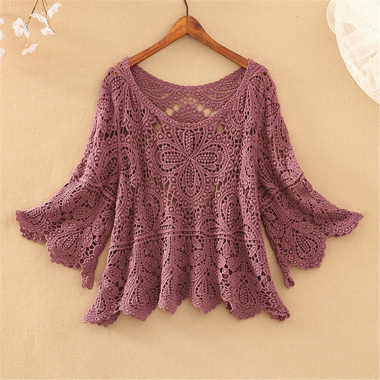 Sweaters for Women Cropped Crochet Cut Out Half Sleeve Top Smock Fall ...