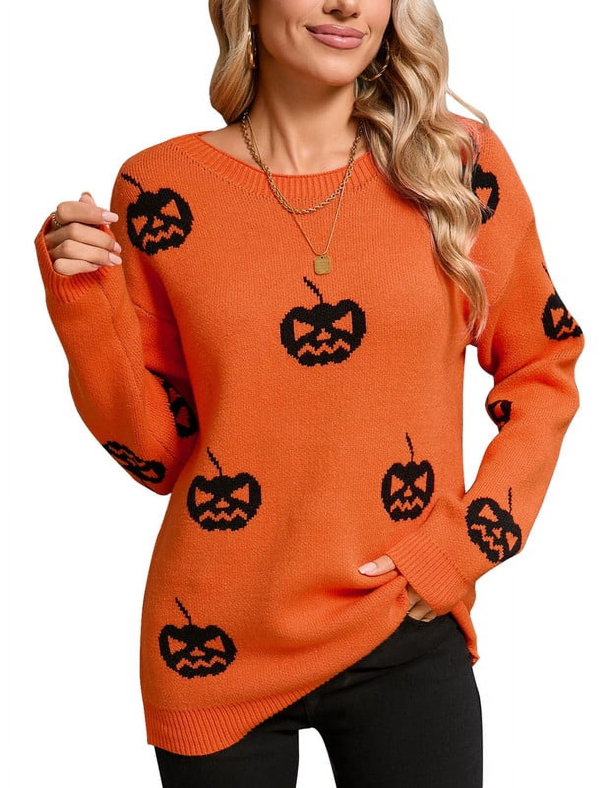 Sweaters for Women Halloween Day Pumpkin Ghost Print Pullover Sweater ...