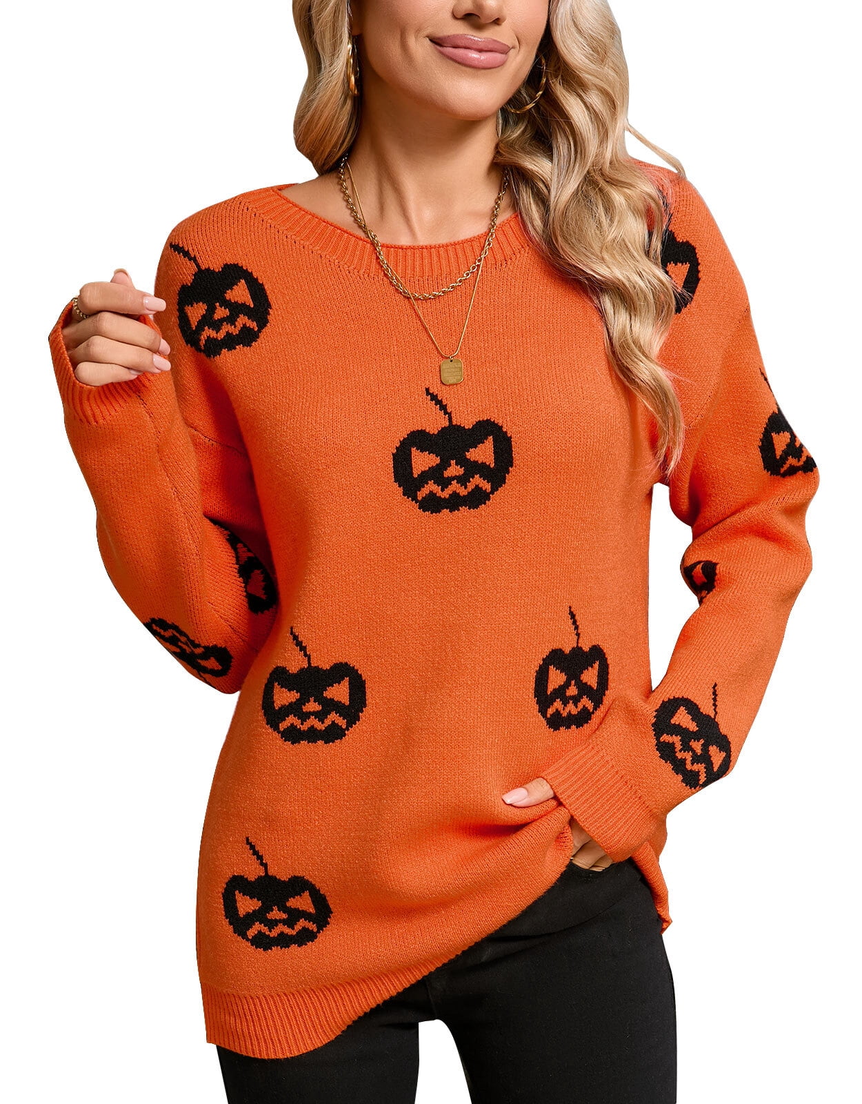 Sweaters for Women Halloween Pumpkin Knitted Sweater Casual Crewneck ...