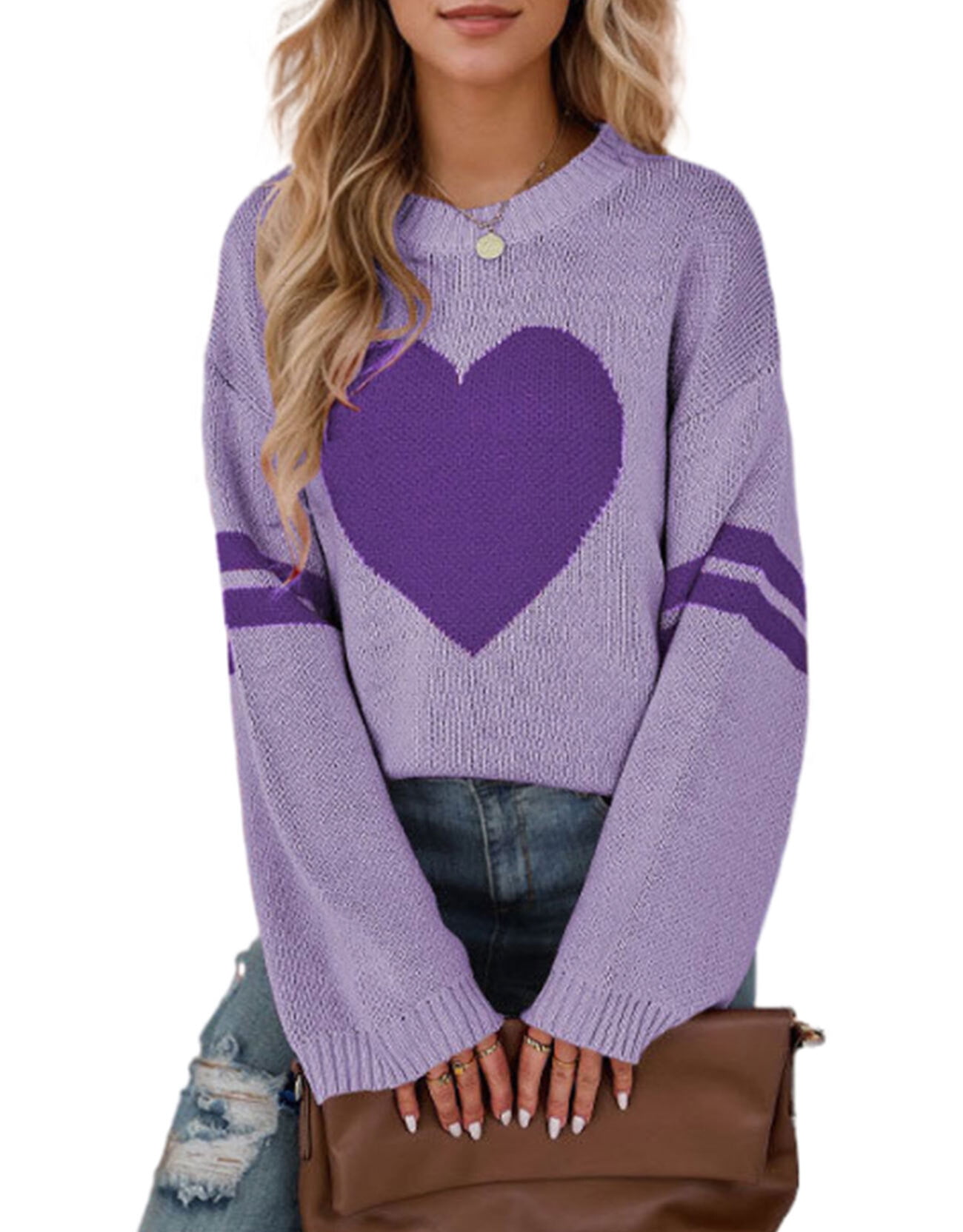 Sweaters for Women Heart Print Valentines Day Crewneck Striped Knitted Pullover Sweaters Warm ...
