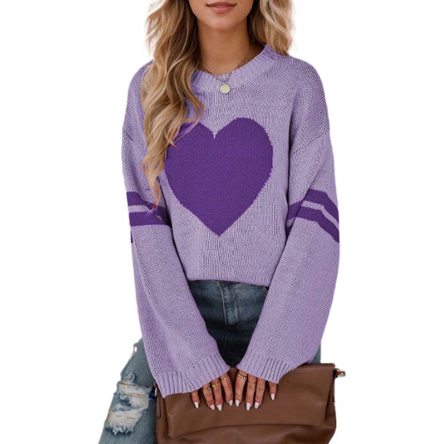 Sweaters for Women Heart Print Valentines Day Crewneck Striped Knitted ...