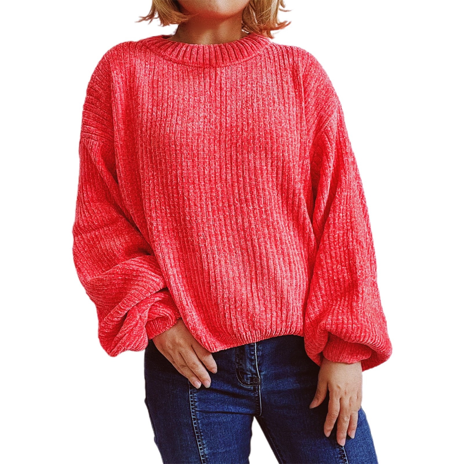 Sweaters for Women Lightweight Relaxed Fit Casual Crew Neck Solid Color ...