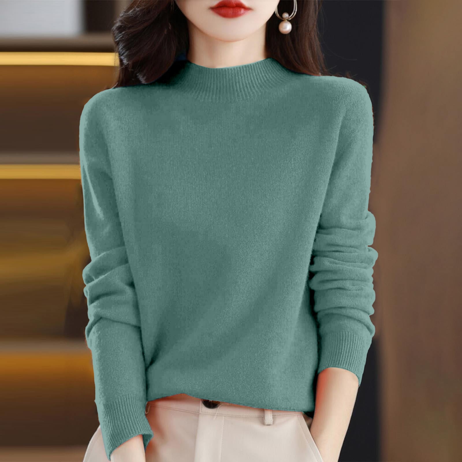 Sweaters for Women Lightweight Soft 100 Wool Mock Neck Pullovers Long ...
