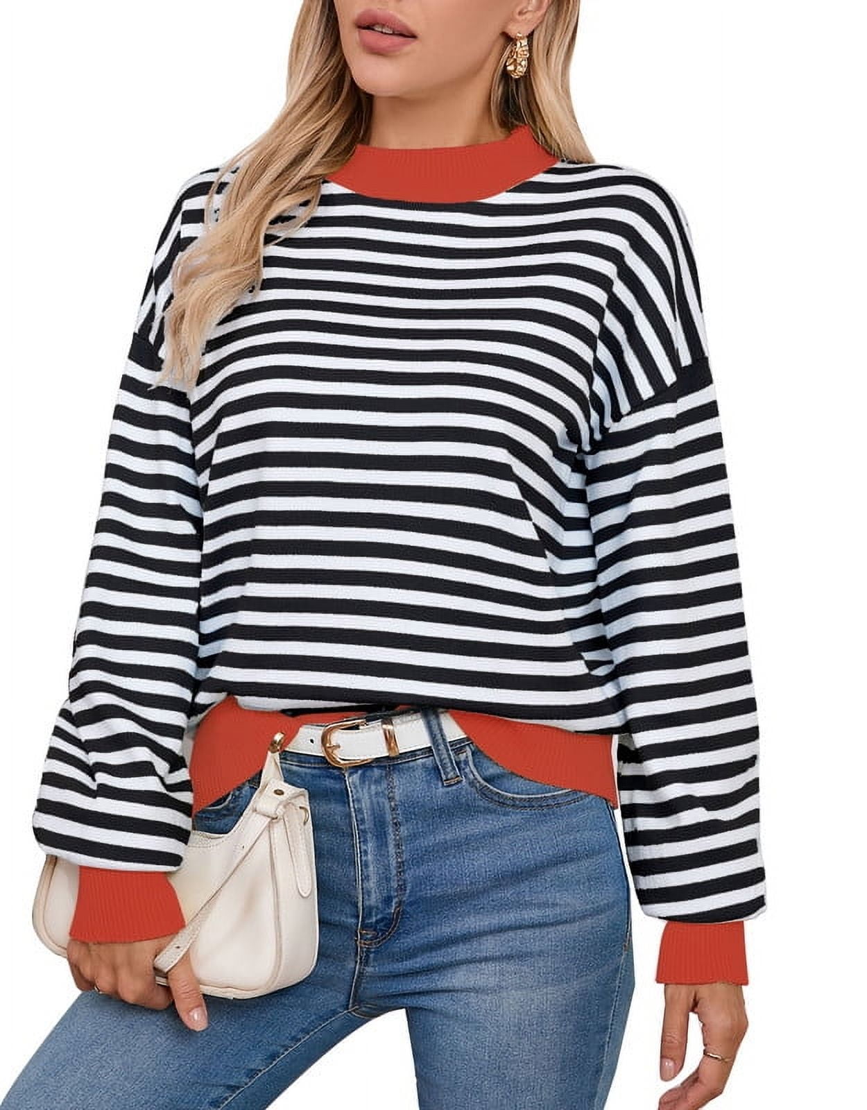 Sweaters for Women Mock Neck Color Contrast Striped Sweater Loose Y2K ...