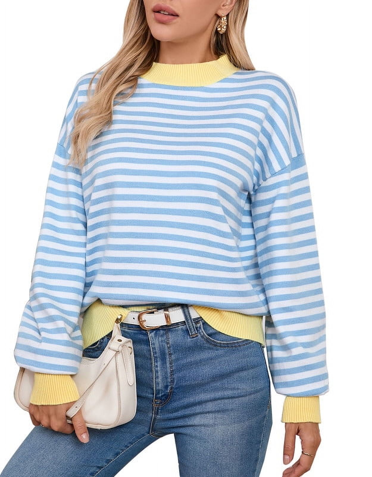 Sweaters for Women Mock Neck Color Contrast Striped Sweater Loose Y2K ...