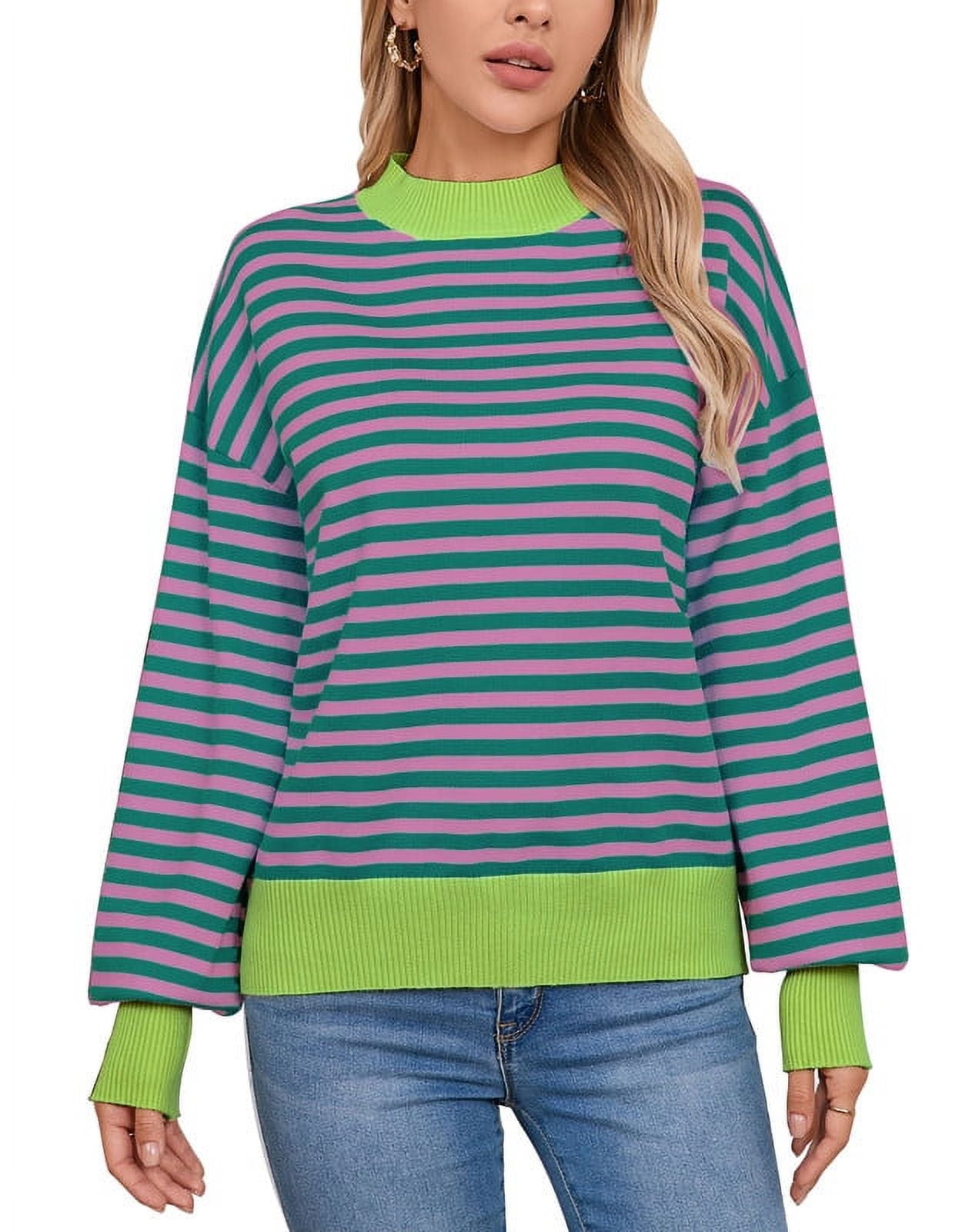 Sweaters for Women Mock Neck Color Contrast Striped Sweater Loose Y2K ...
